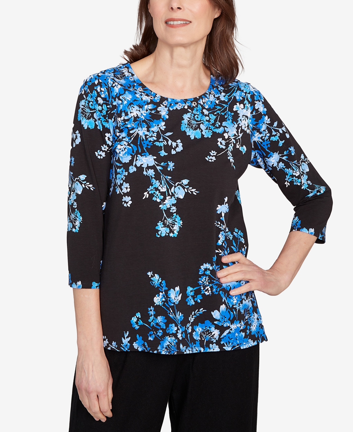 Click here for Alfred Dunner Petite Floral Asymmetric Top - Cobal... prices