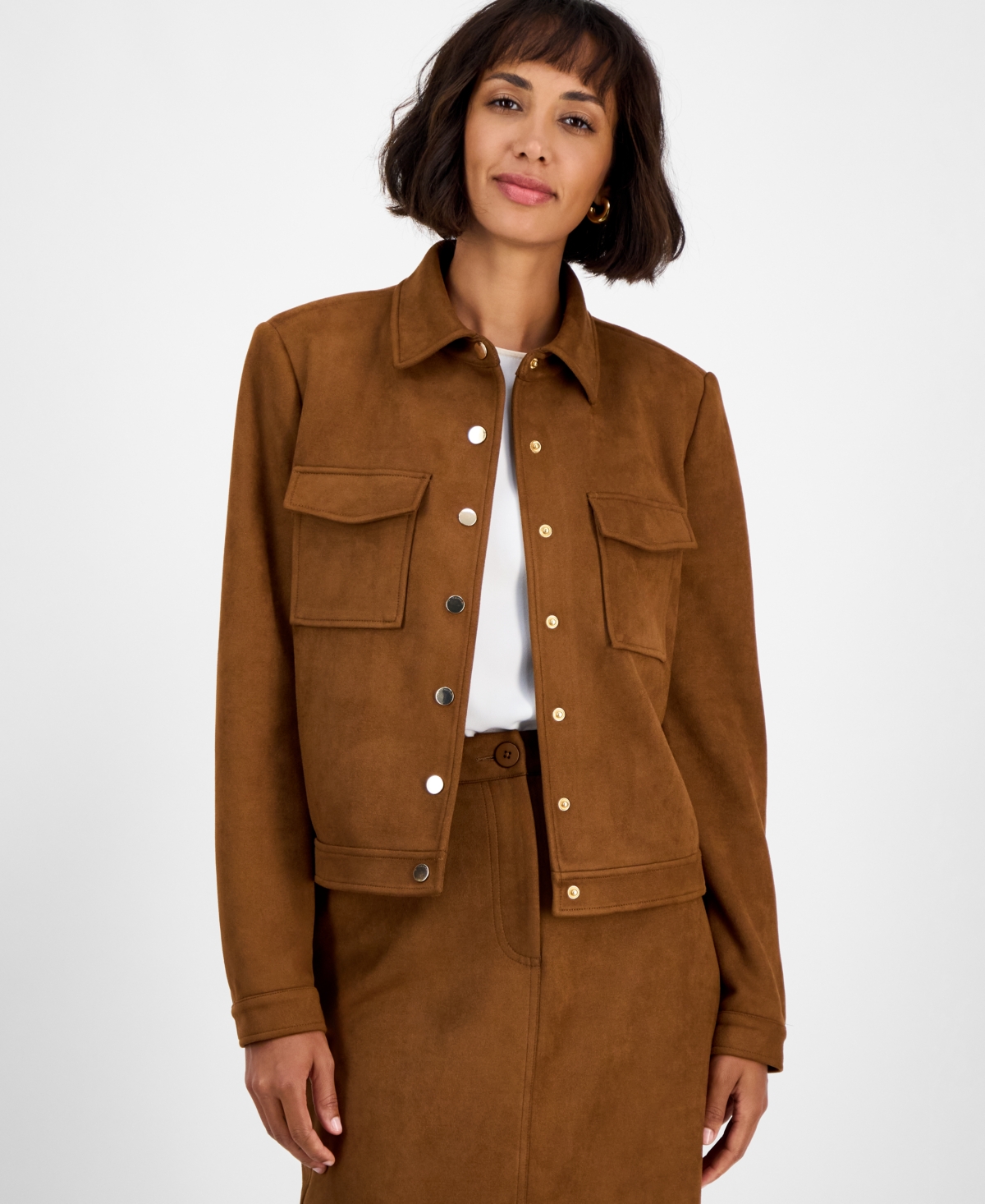 T Tahari Womens Faux-Suede Snap-Front Long-Sleeve Jacket - Sherwood Camel