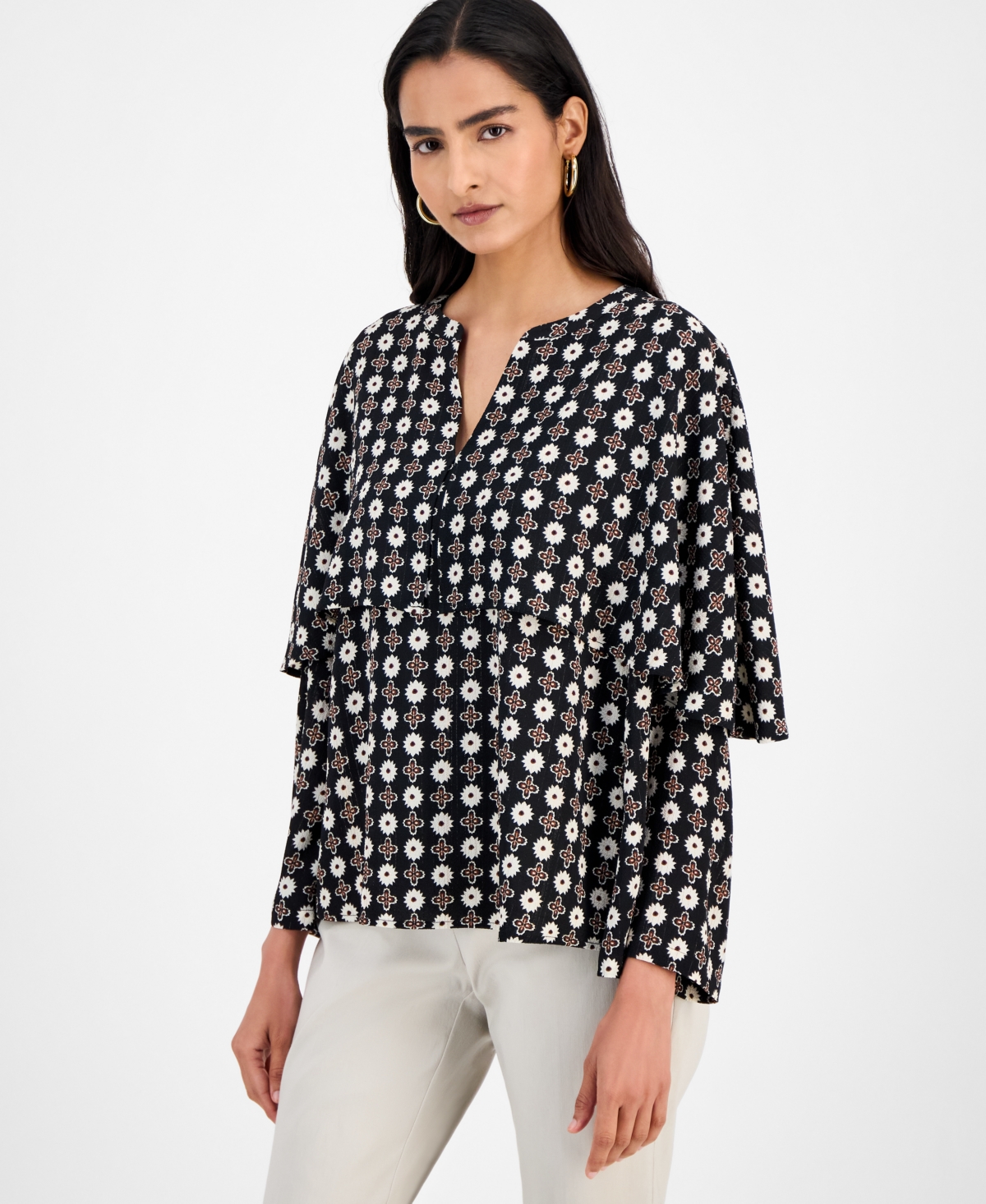Click here for Jm Collection Womens Printed Split-Neck Blouse  Ma... prices