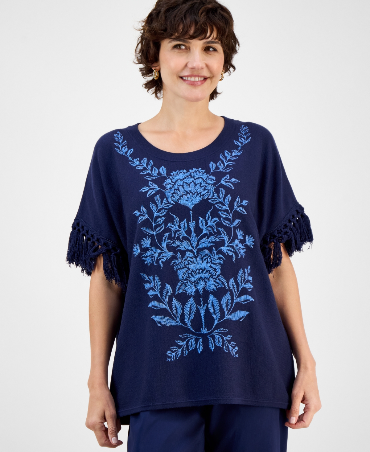 Click here for Jm Collection Womens Embroidered Fringe-Trim Ponch... prices