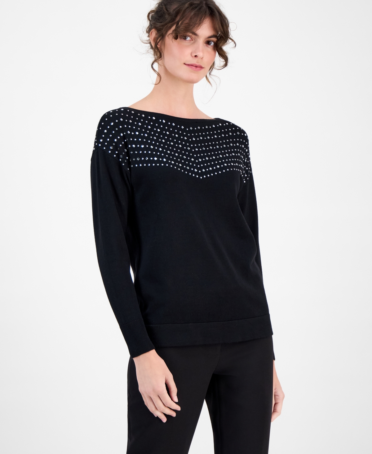 Click here for Ak Anne Klein Womens Embellished Drop-Shoulder Swe... prices