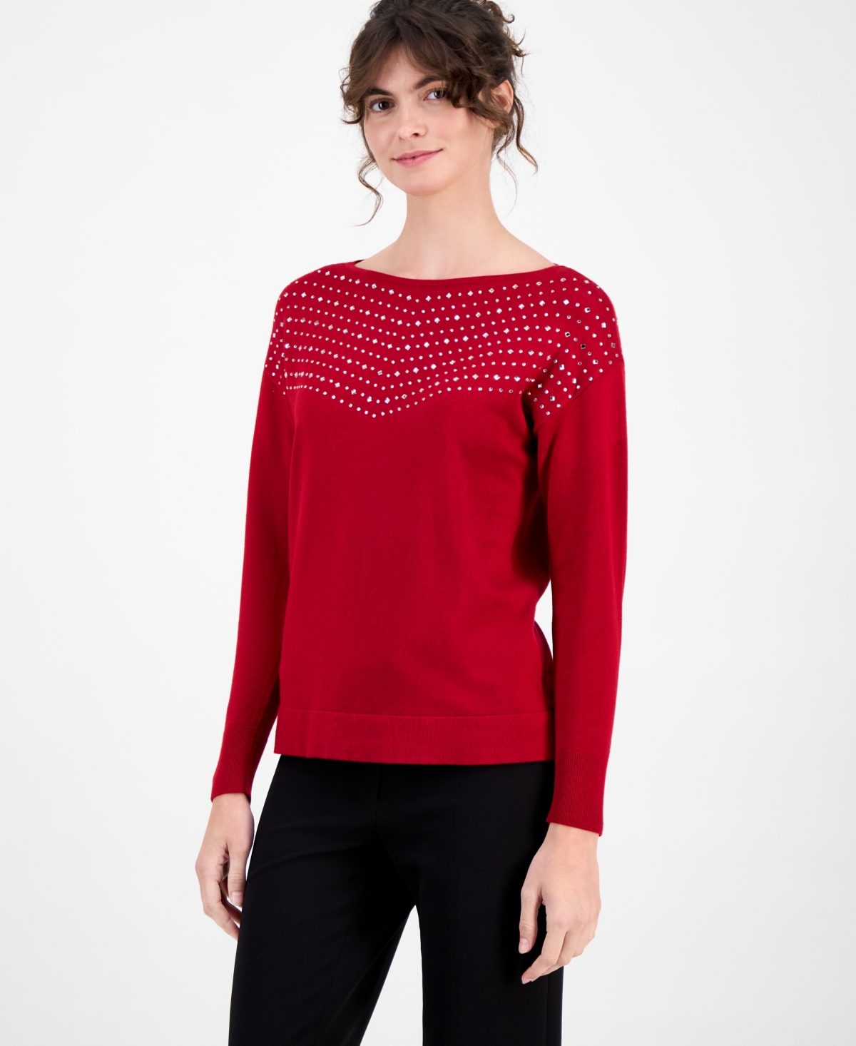 Click here for Ak Anne Klein Womens Embellished Drop-Shoulder Swe... prices