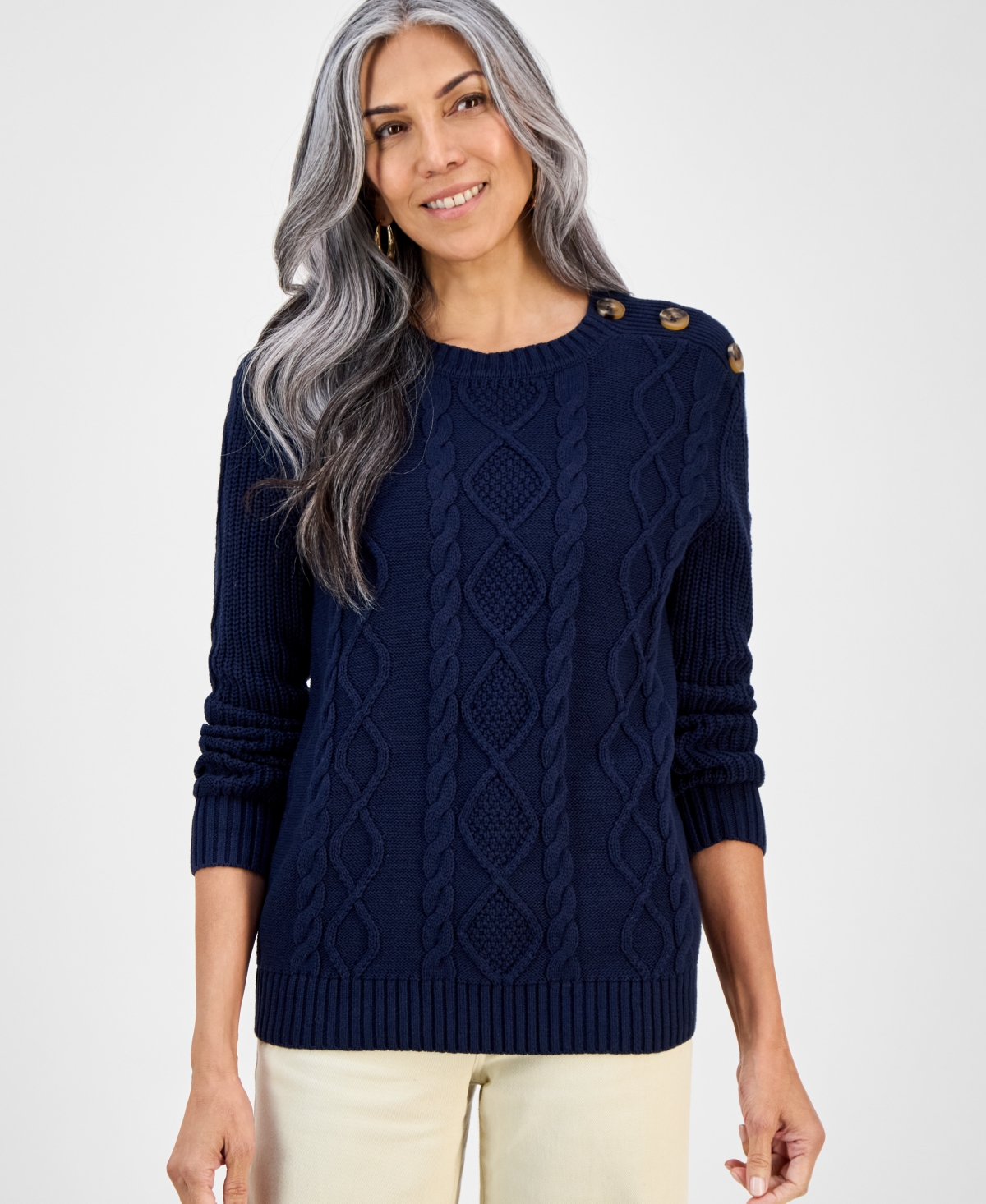 Click here for Style & Co Womens Button-Trim Cable-Knit Sweater... prices