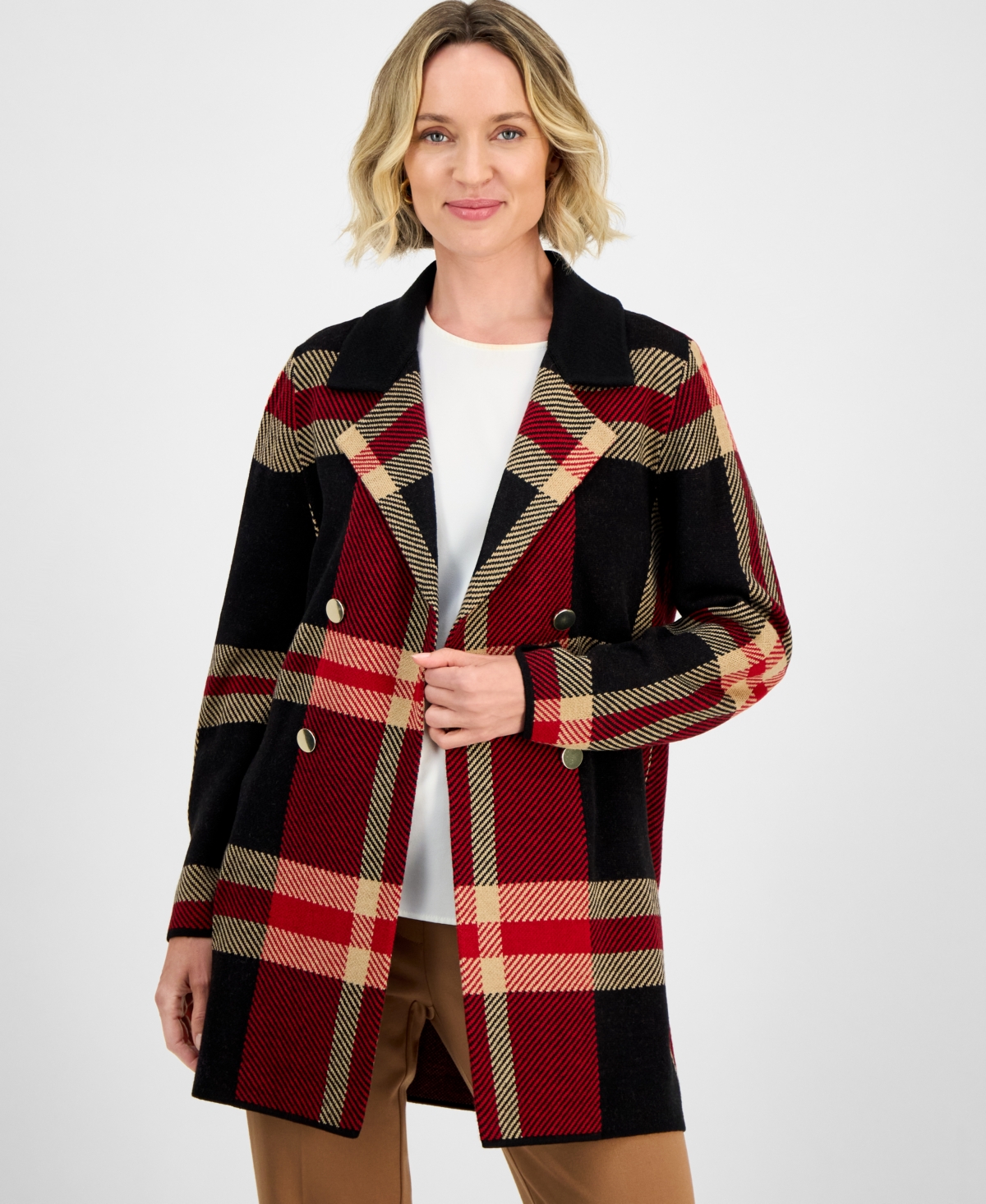 Click here for Kasper Womens Plaid Faux-Button Cardigan - Fire Re... prices