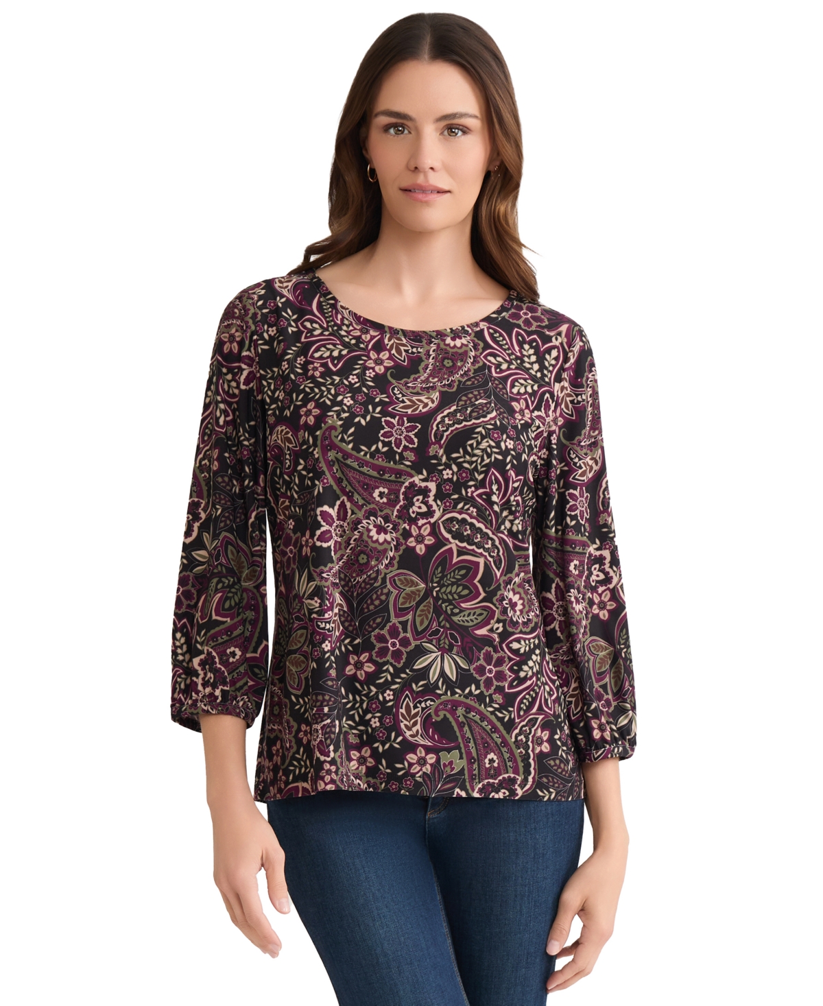 Click here for Jones New York Womens Crewneck Puff Sleeve Top - B... prices