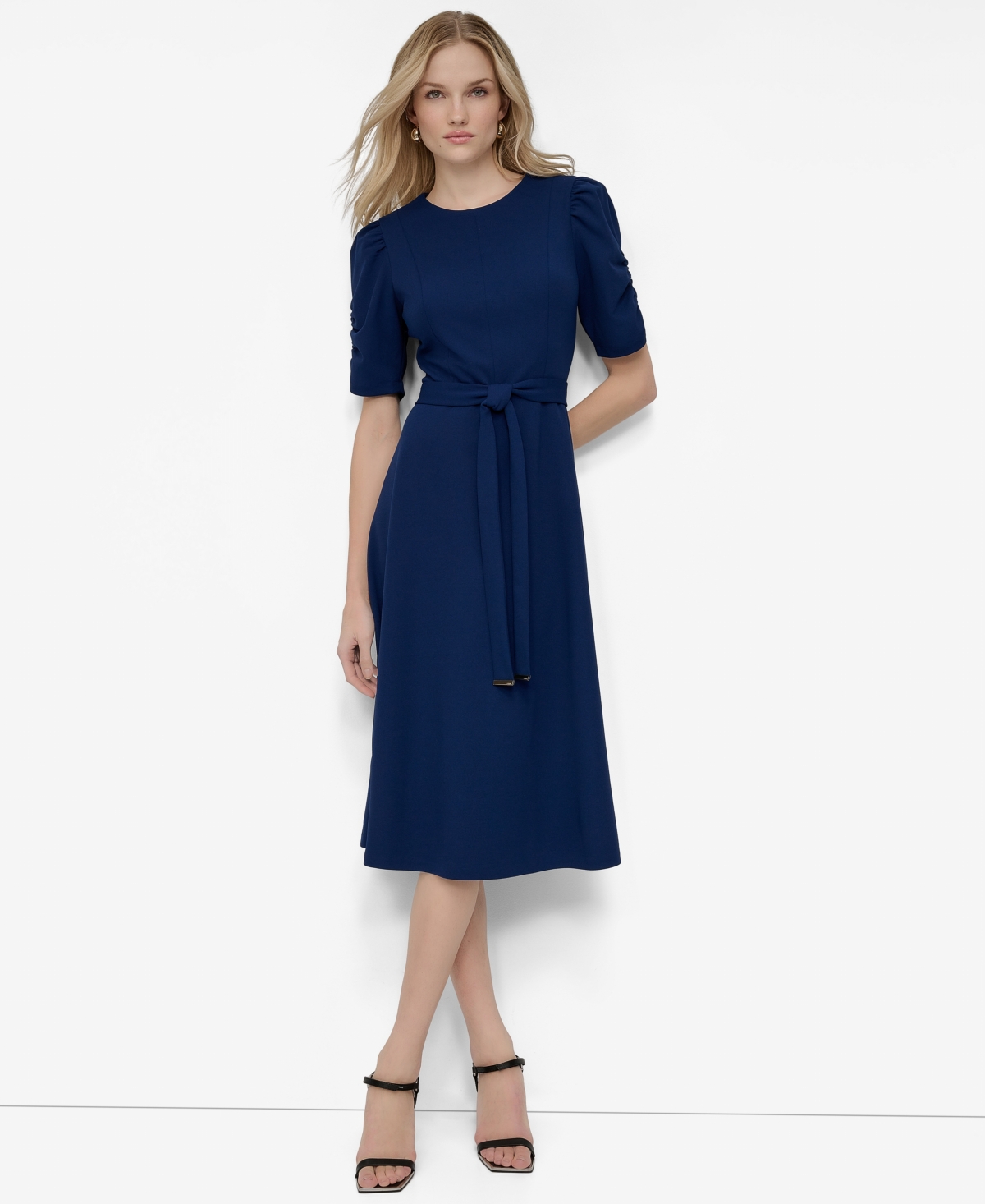 Click here for Dkny Womens Ruched-Sleeve Belted Fit and Flare Mid... prices