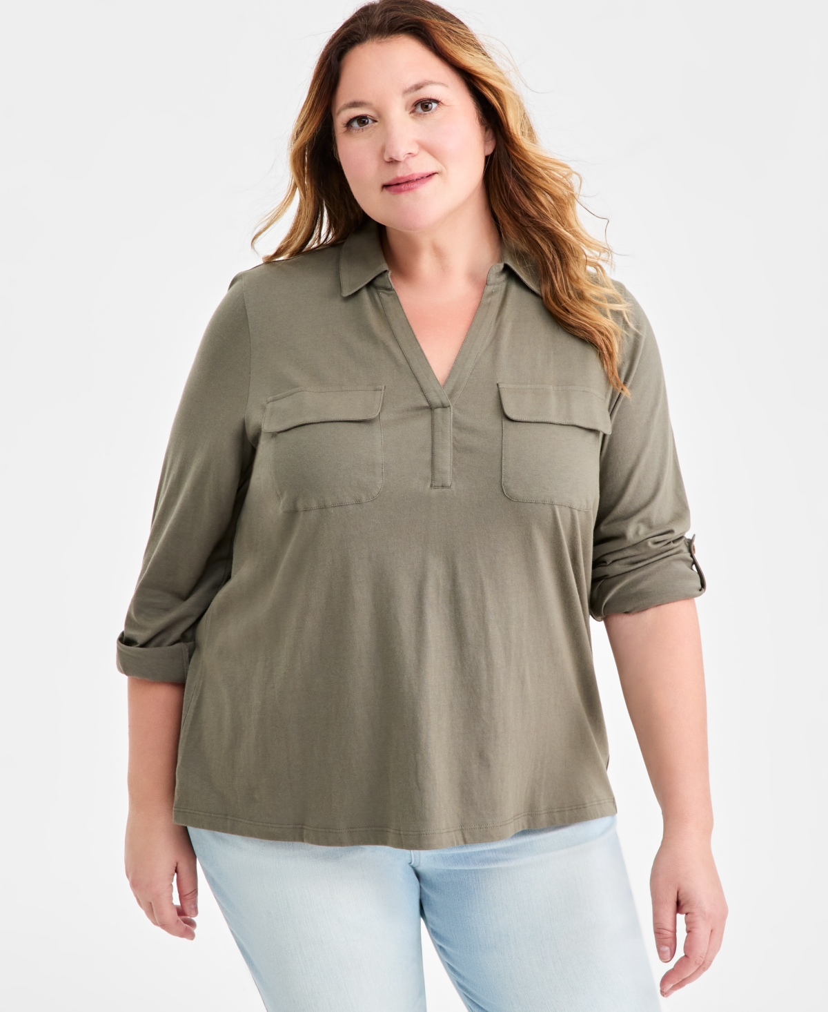 Click here for Style & Co Plus Size Collared V-Neck Knit Top  Mac... prices