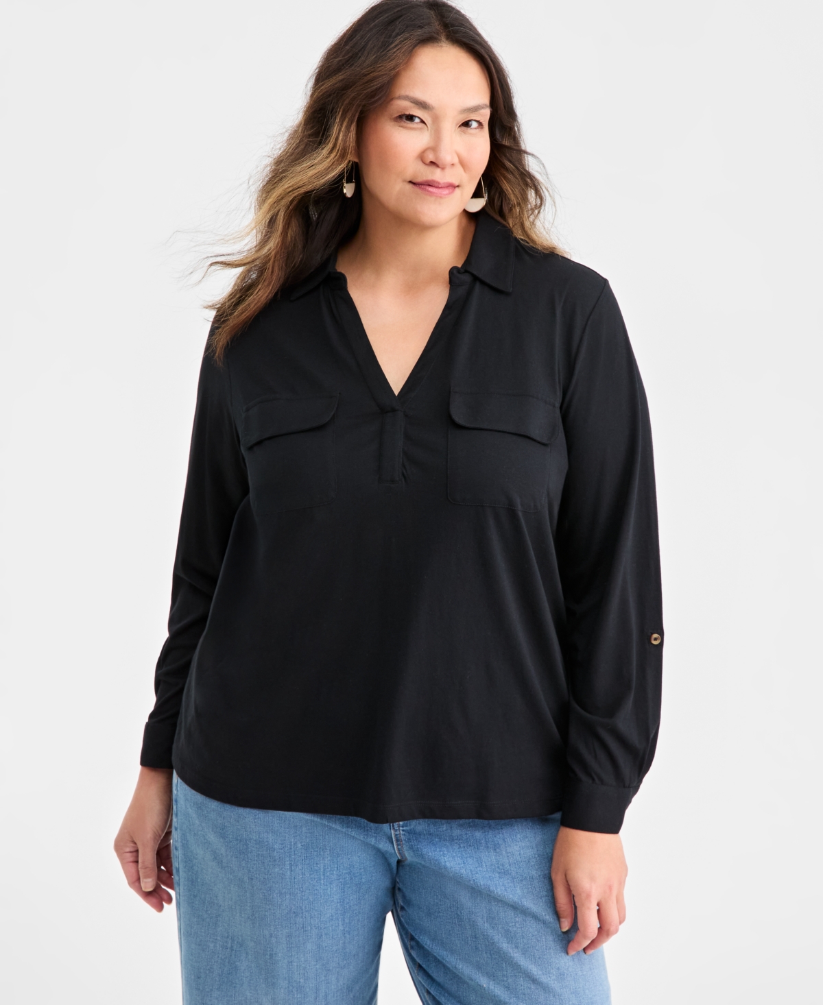 Click here for Style & Co Plus Size Collared V-Neck Knit Top  Mac... prices