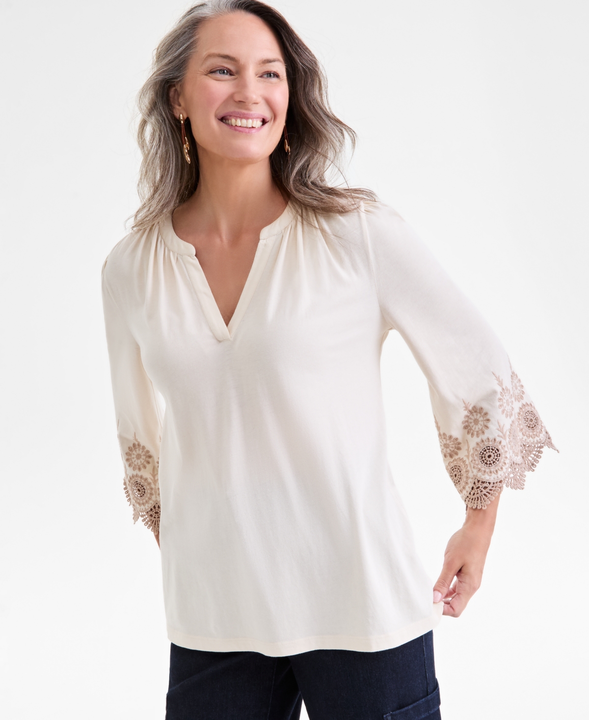 Click here for Style & Co Womens Embroidered-Cuff Split-Neck Blou... prices