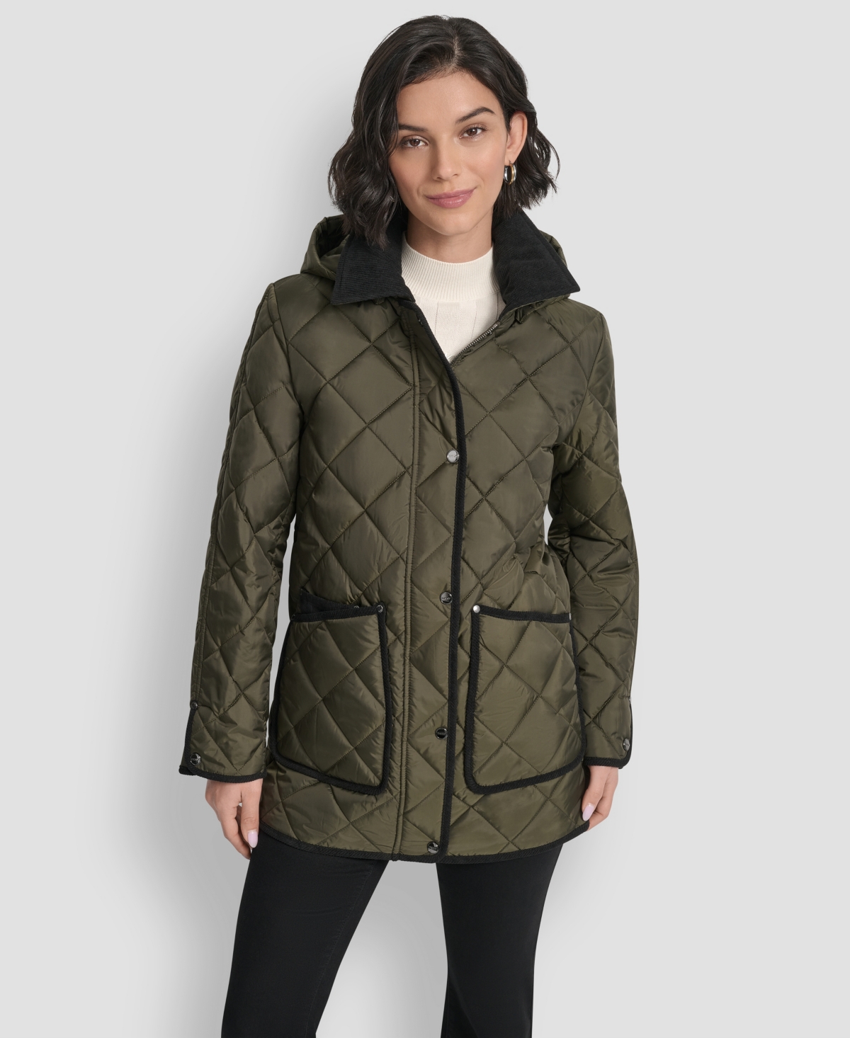 Click here for Dkny Womens Corduroy Collar Hooded Quilted Coat -... prices