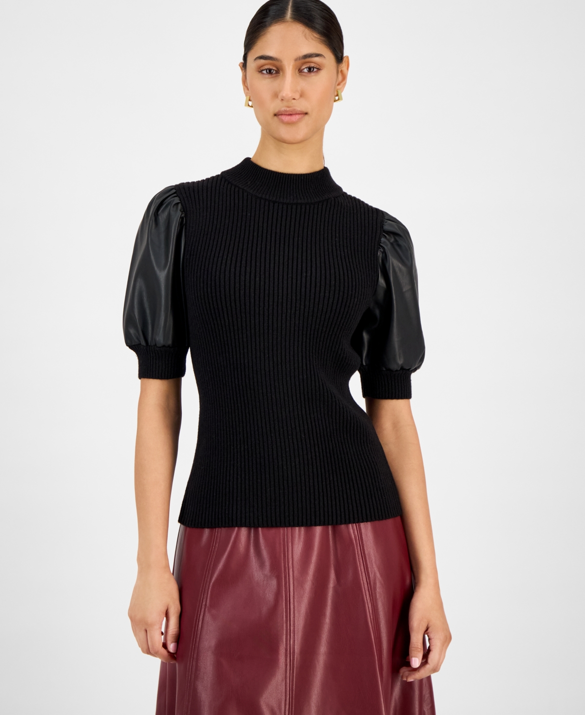 Click here for T Tahari Womens Ribbed Faux-Leather-Sleeve Top - B... prices