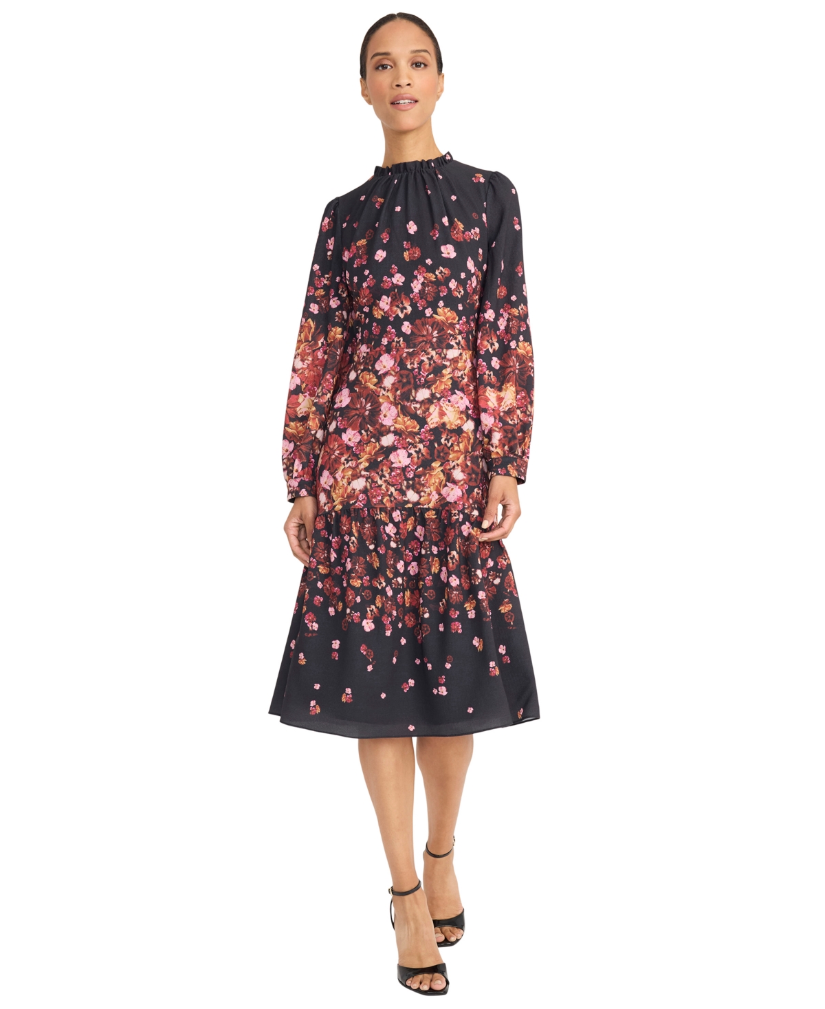 Maggy London Womens Flower Detail Long Sleeve Dress - Black/rust