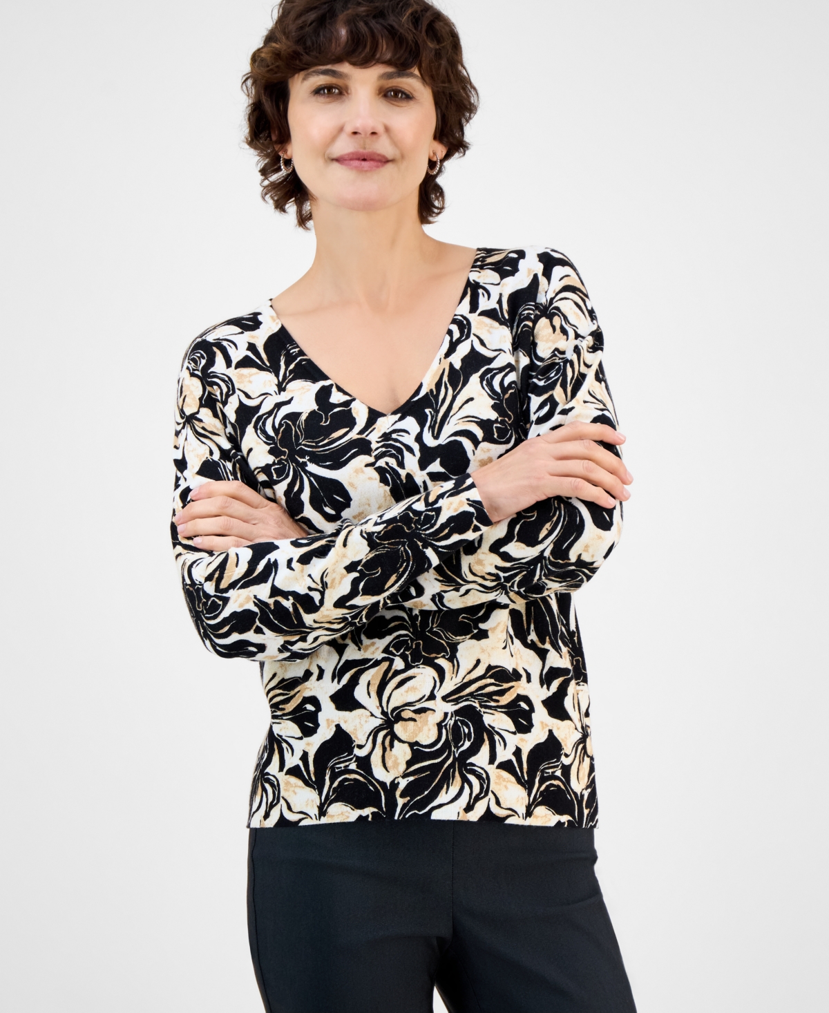 Click here for Jm Collection Petite Angela Abstract V-Neck Sweate... prices