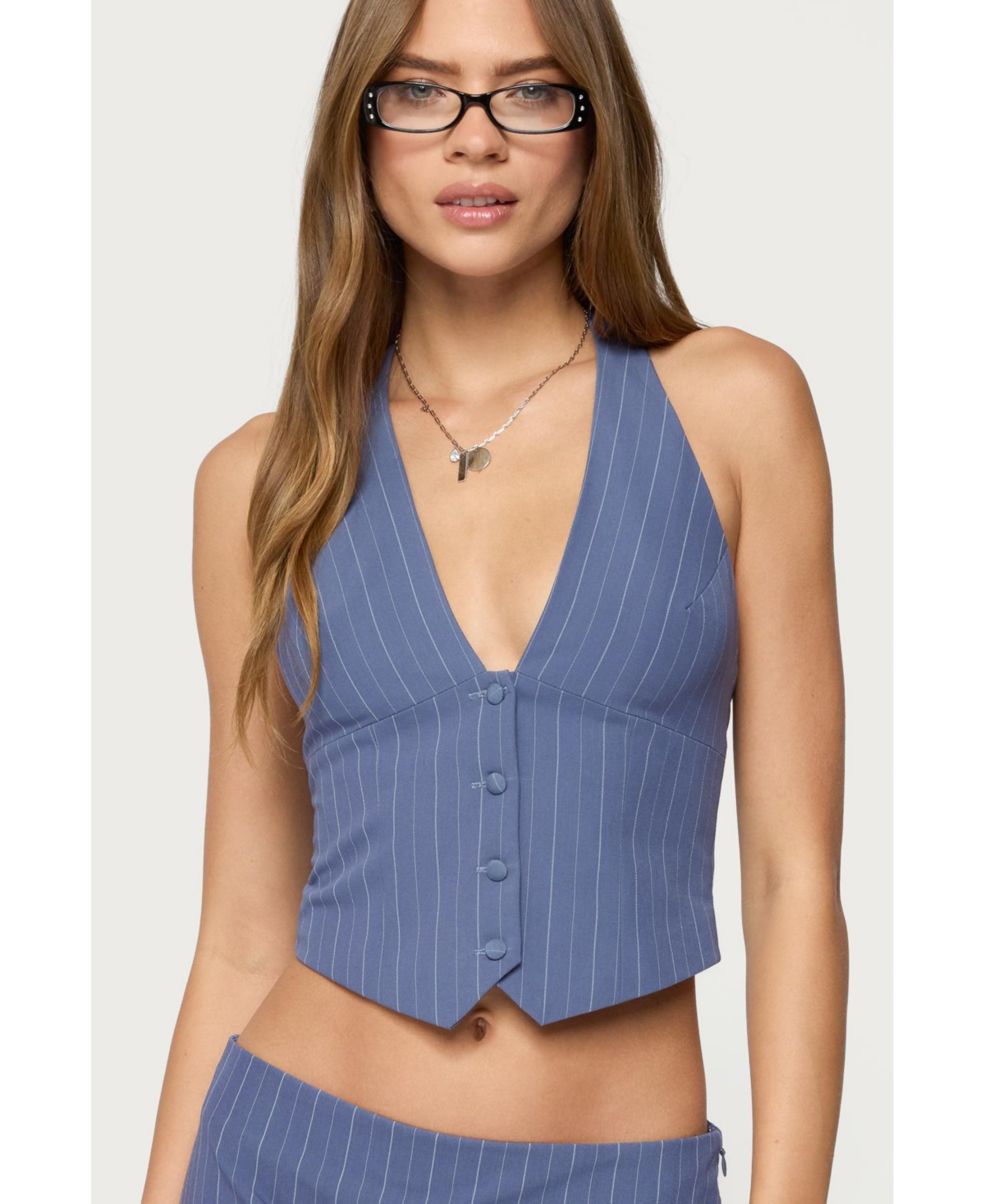 Edikted Womens Frankey Pinstripe Button Up Halter Top - Blue