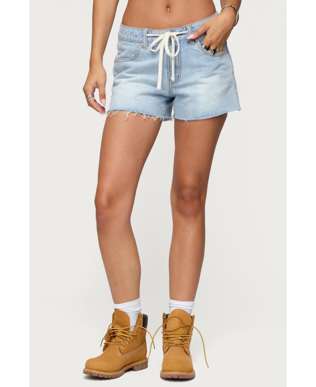 Click here for Edikted Womens Milla Low Rise Denim Shorts - Light... prices