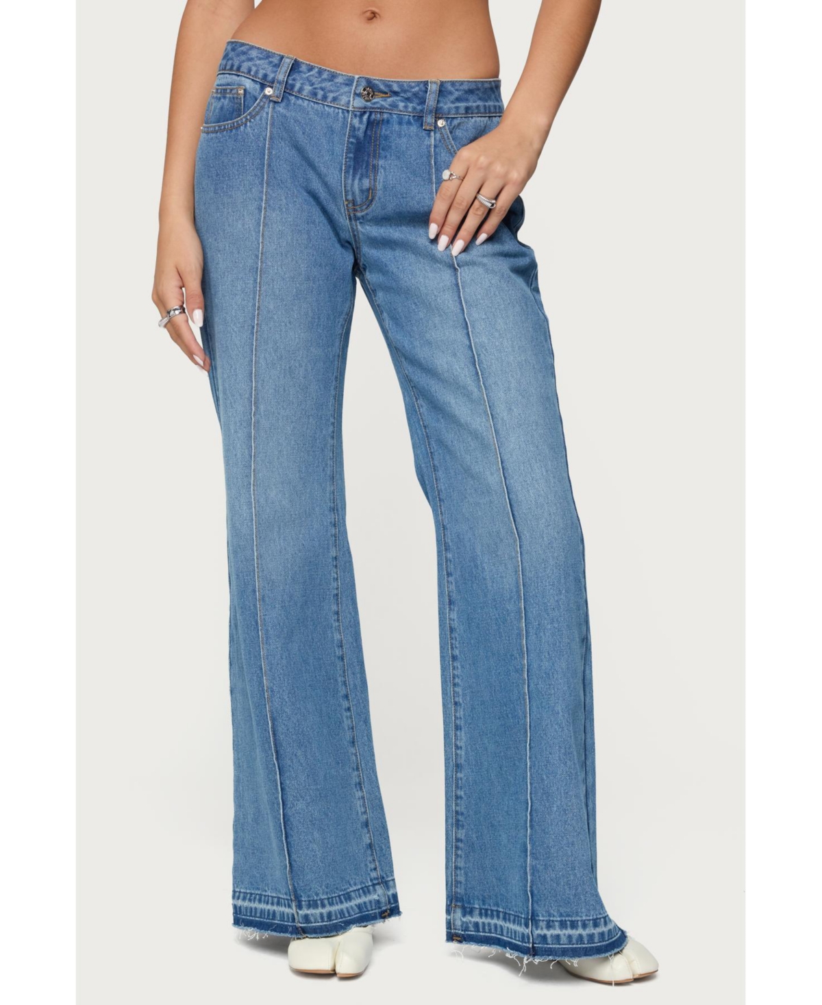 Click here for Edikted Womens Nerissa Low Rise Flared Jeans - Blu... prices