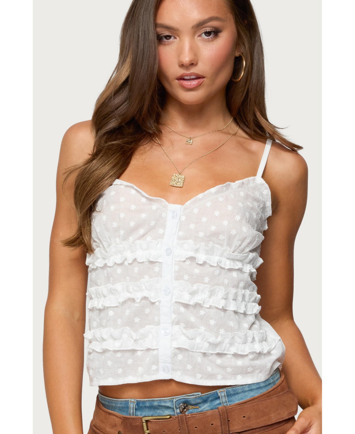 Click here for Edikted Womens Chrissa Embroidered Cotton Ruffle T... prices