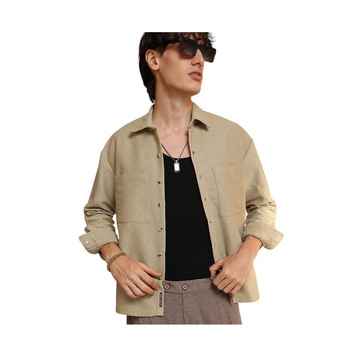 Click here for Campus Sutra Mens Buff Beige Chevron-Woven Utility... prices