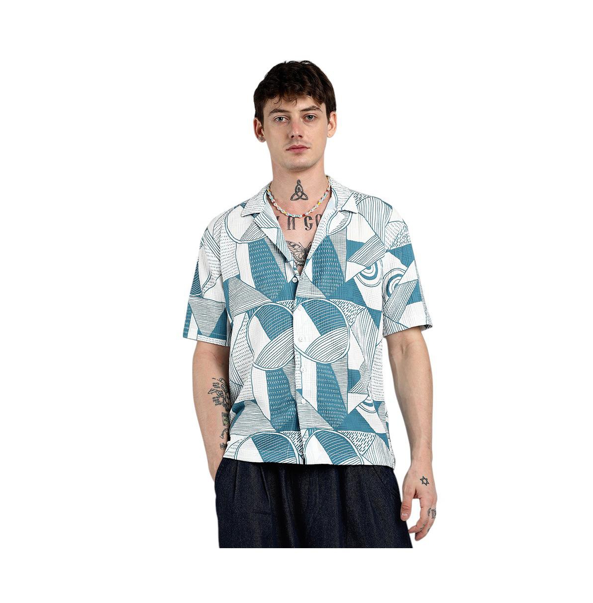 Click here for Campus Sutra Mens Steel Blue Oversized Geometric L... prices