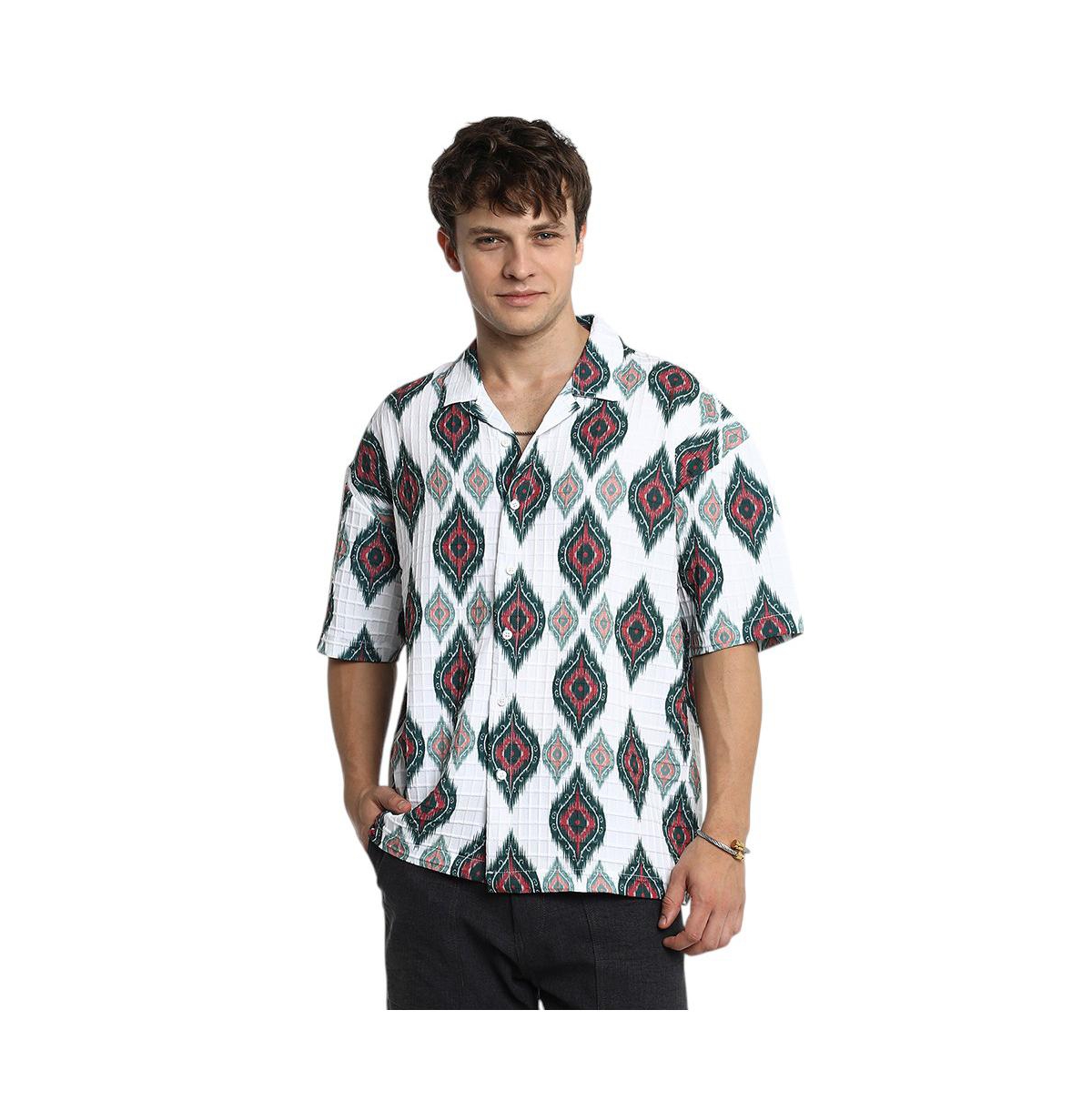 Click here for Campus Sutra Mens Chalk White Ikkat Motif Oversize... prices