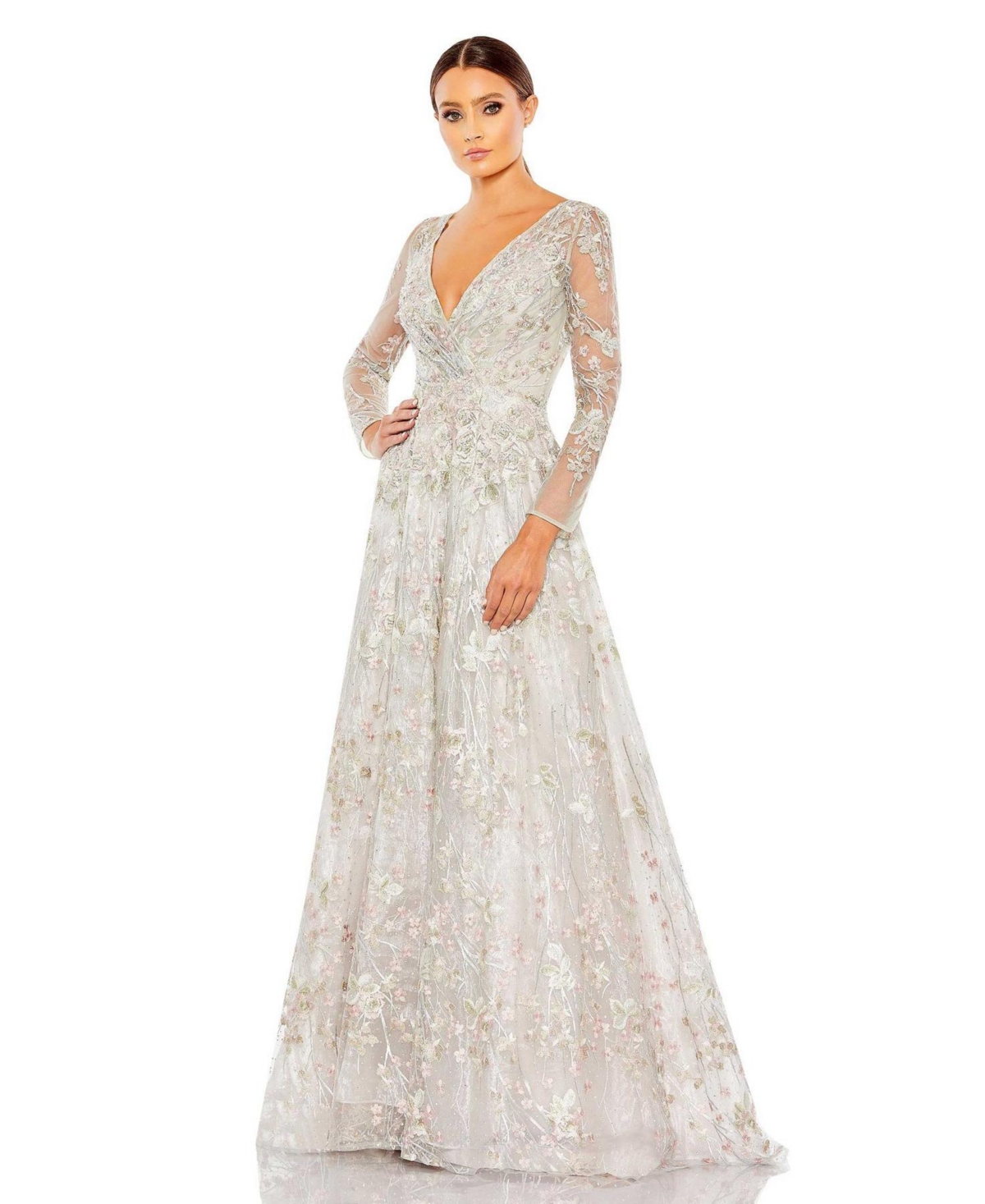 Mac Duggal Womens Draped Sleeve V Neck Gown - Pastel multi