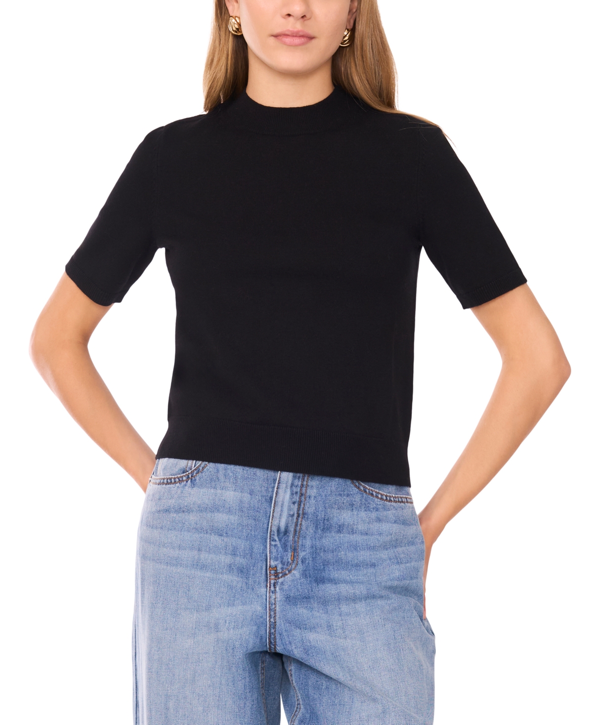1.state Saddle Short Sleeve Crewneck Sweater - Rich Black