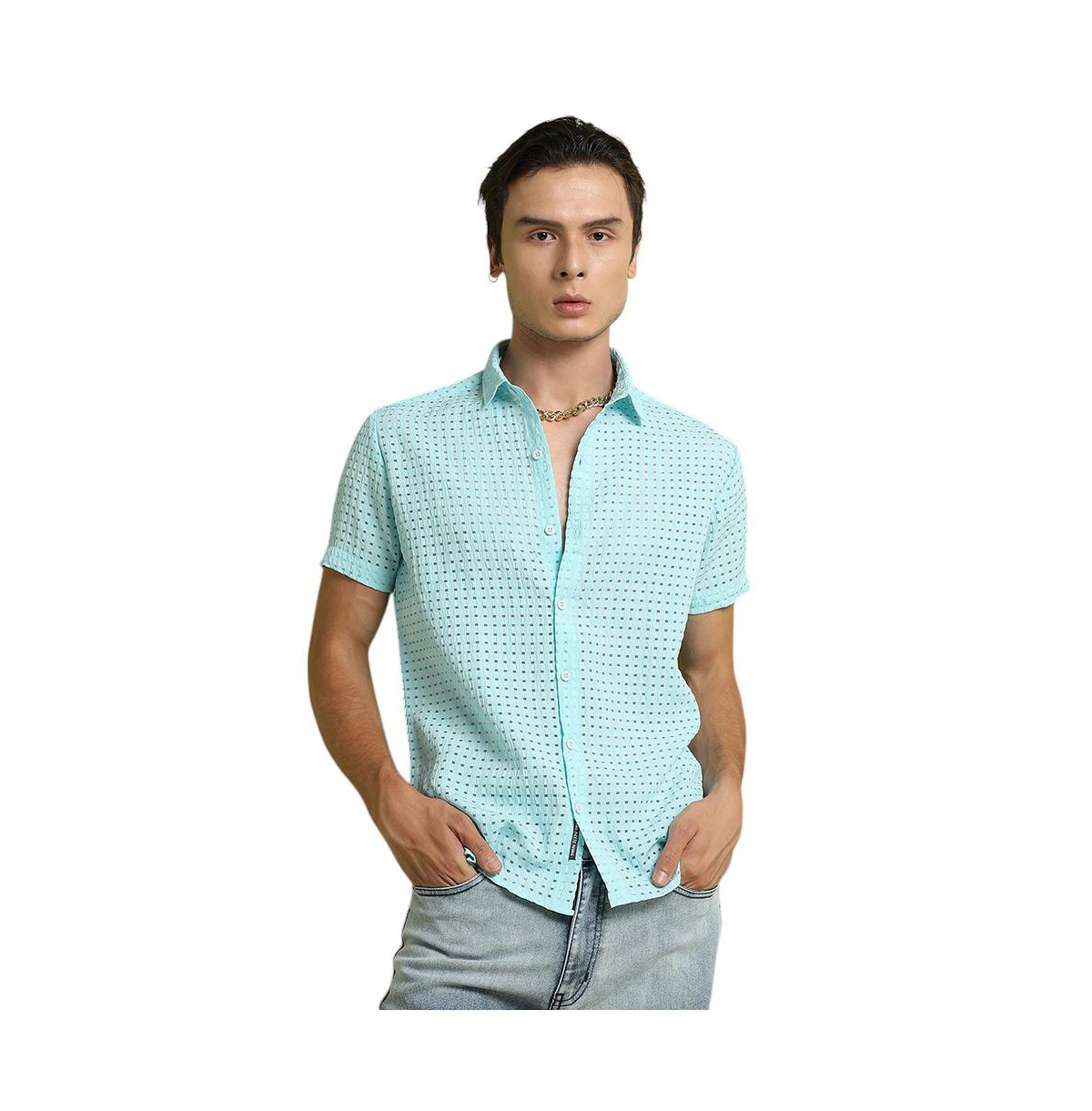 Click here for Campus Sutra Mens Light Blue See-Through Square Sh... prices