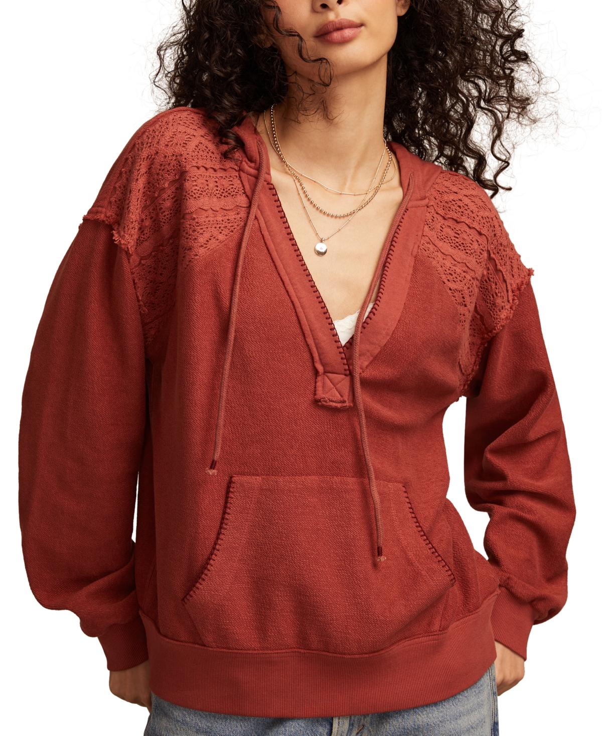 Click here for Lucky Brand Womens Crochet Trim Baja Hoodie - Maho... prices