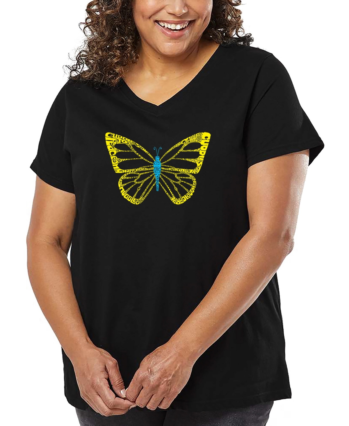 Click here for La Pop Art Plus Size Butterfly Word Art V-Neck T-S... prices