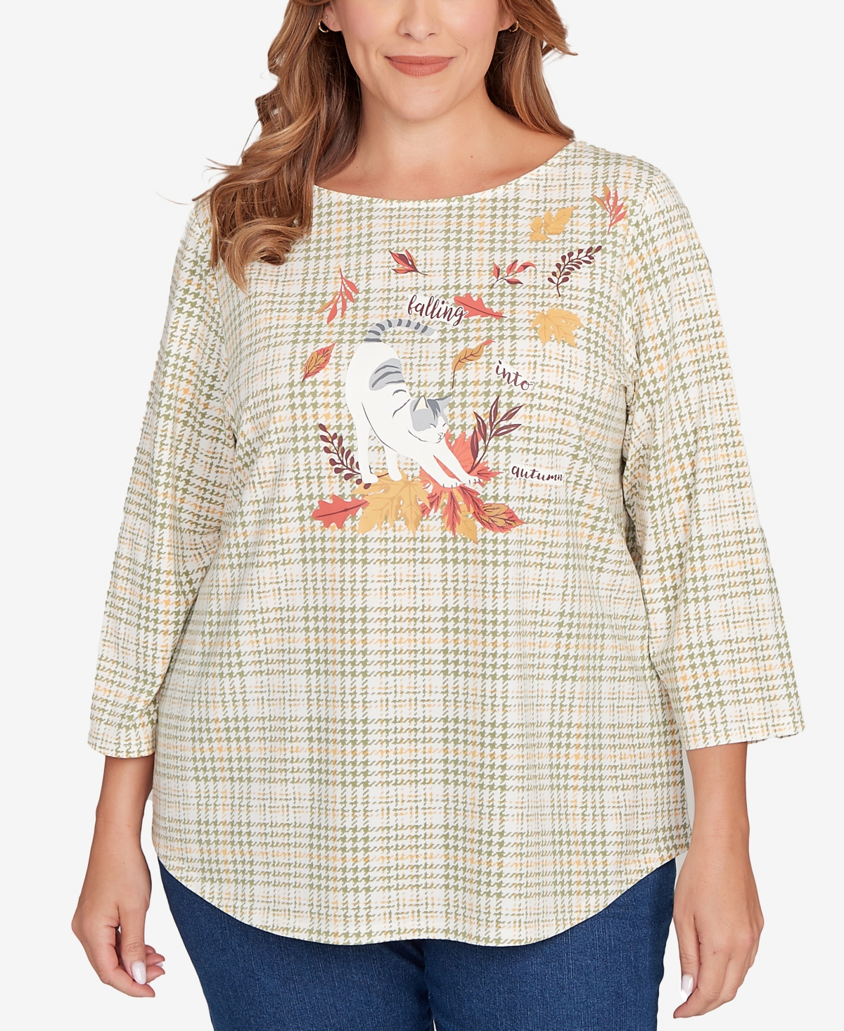 Click here for Ruby Rd. Plus Size Autumn Cat Houndstooth Top - Mo... prices