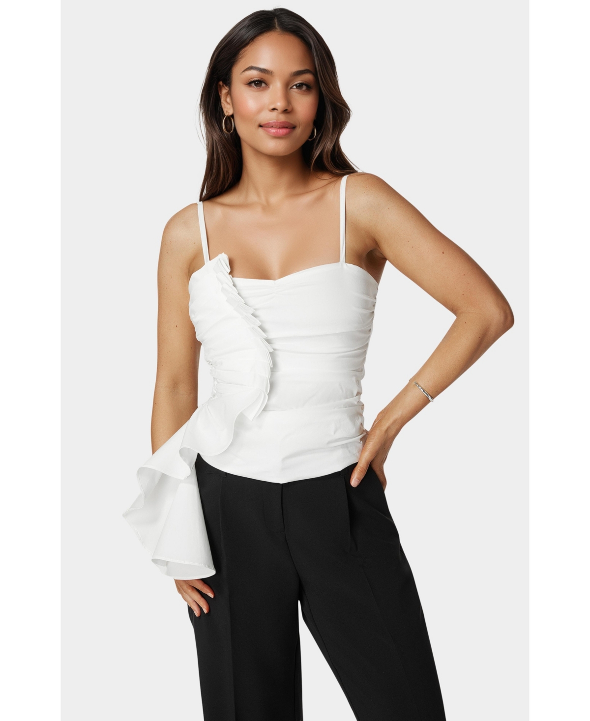 Click here for Bebe Poplin Asymmetric Ruffle Top - White alyssum prices