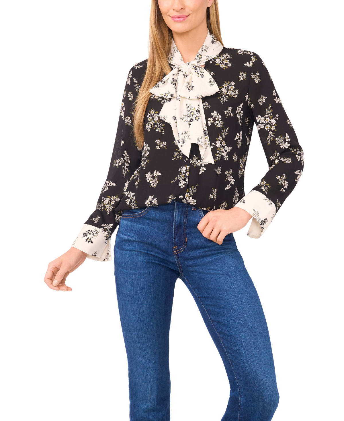 Click here for CeCe Womens Floral Bow-Tie V-Neck Button-Up Long C... prices