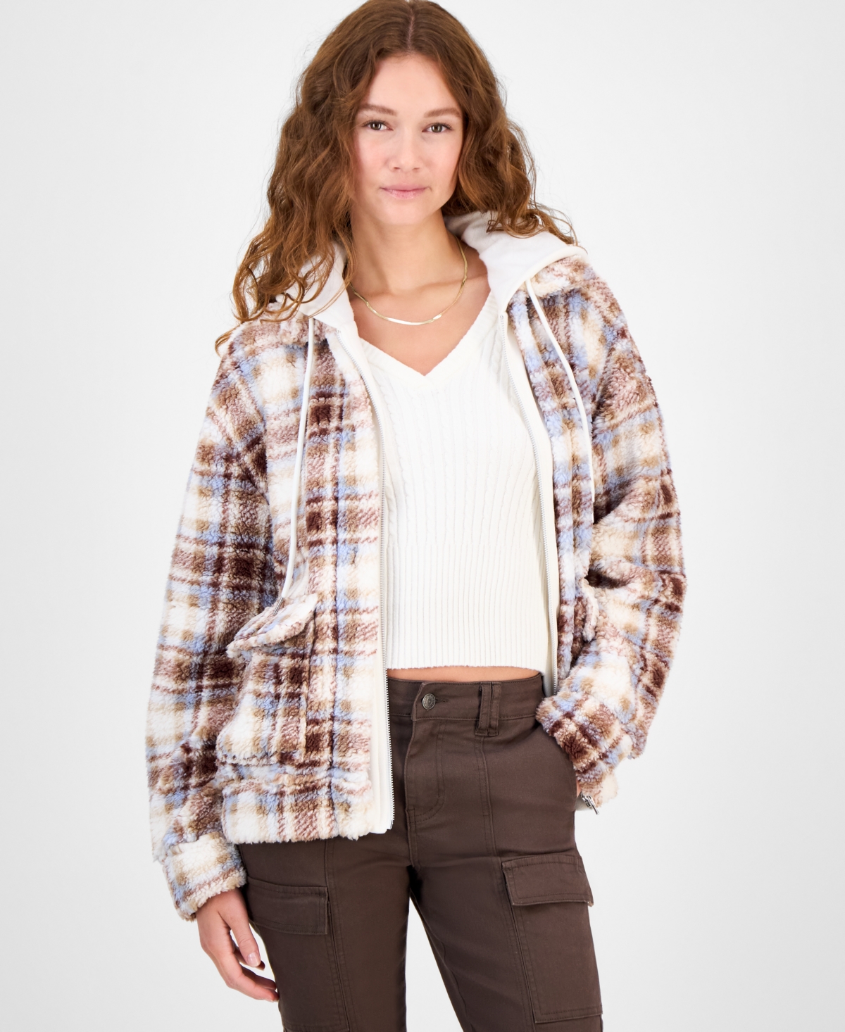 Click here for Madden Girl Juniors Plaid Long-Sleeve Sherpa Jacke... prices