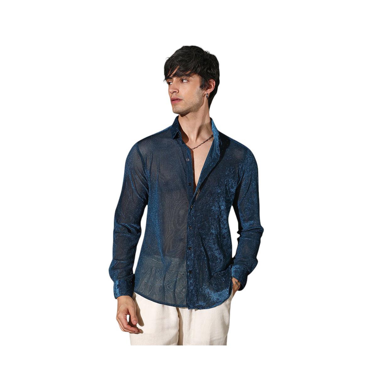 Click here for Campus Sutra Mens Men s Solid Velvet Shirt - Blue prices