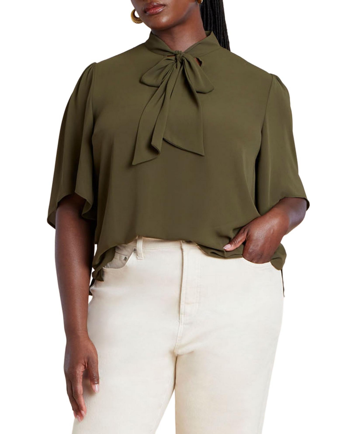 Click here for Eloquii Womens Bow Blouse With Flutter Sleeve - Da... prices
