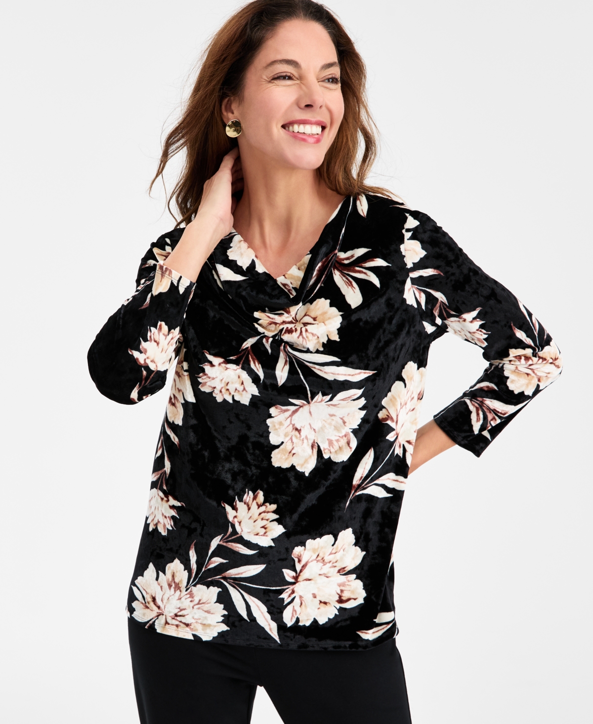 Click here for Jm Collection Womens Velvet Floral Cowl-Neck Top... prices