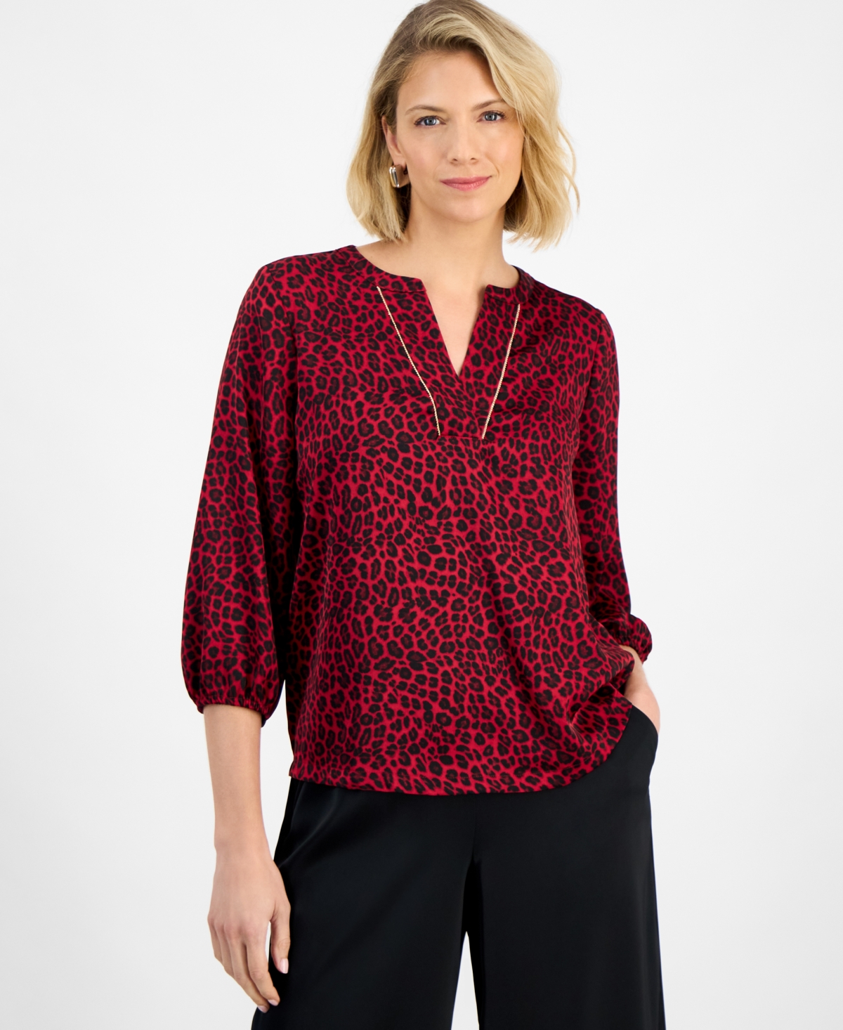 Click here for Jm Collection Womens Embellished-Neck Cheetah-Prin... prices