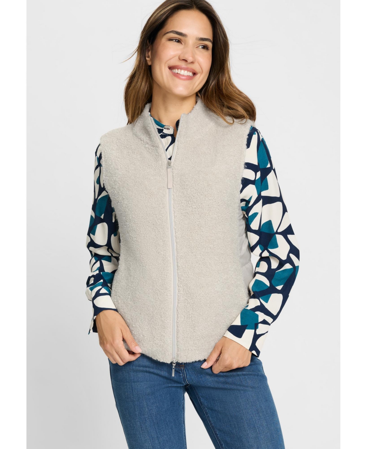 Click here for Olsen Womens Mixed Media Zip Front Vest - Caffe la... prices