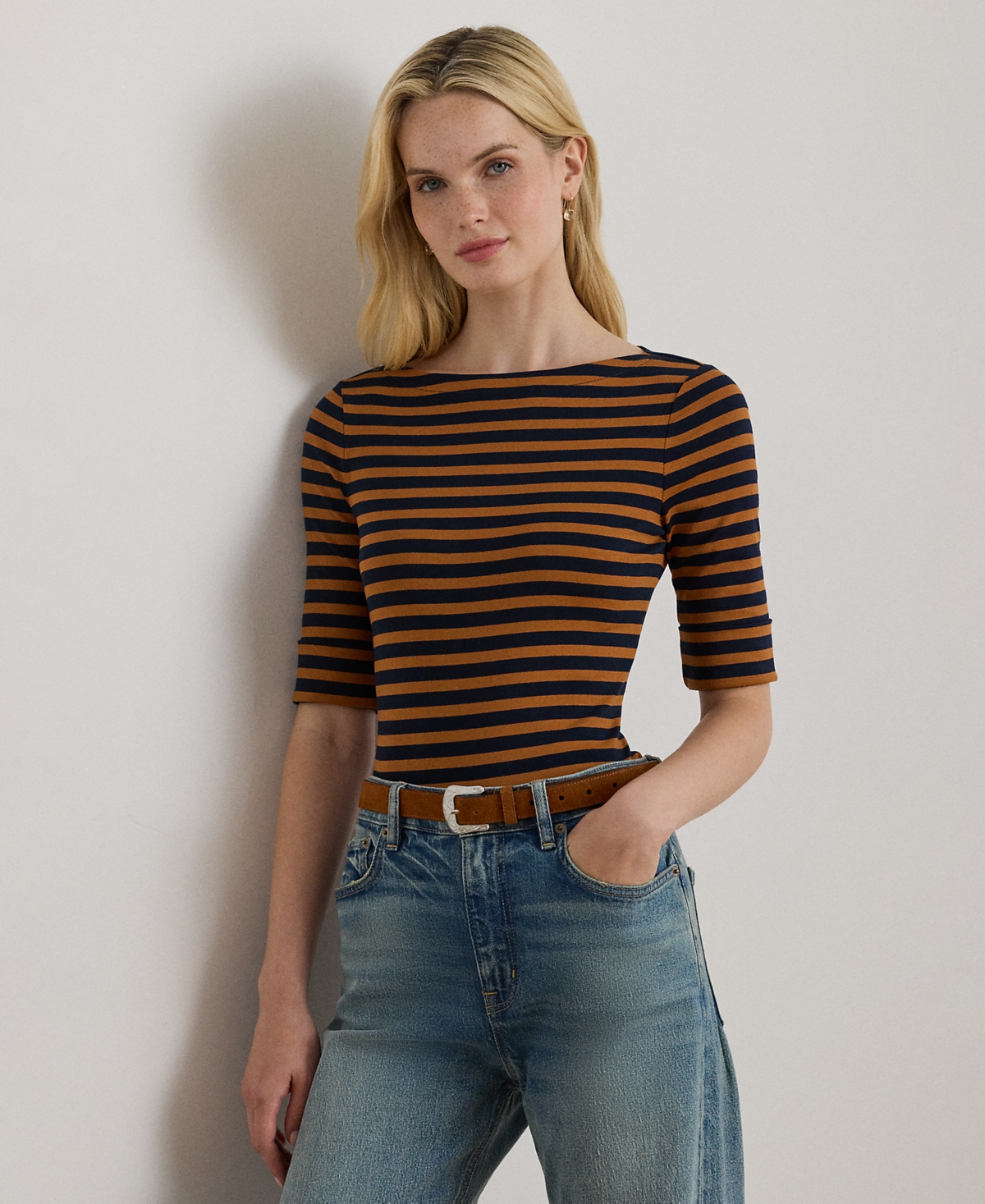 Lauren Ralph Lauren Petite Striped Stretch Cotton Boatneck Tee - Navy/Cinnamon Bark