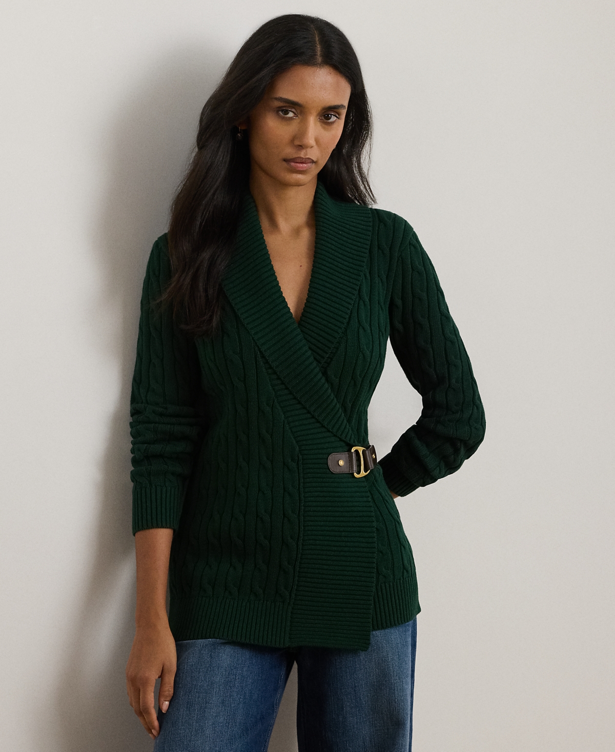 Lauren Ralph Lauren Petite Buckled Cotton Sweater - Deep Pine