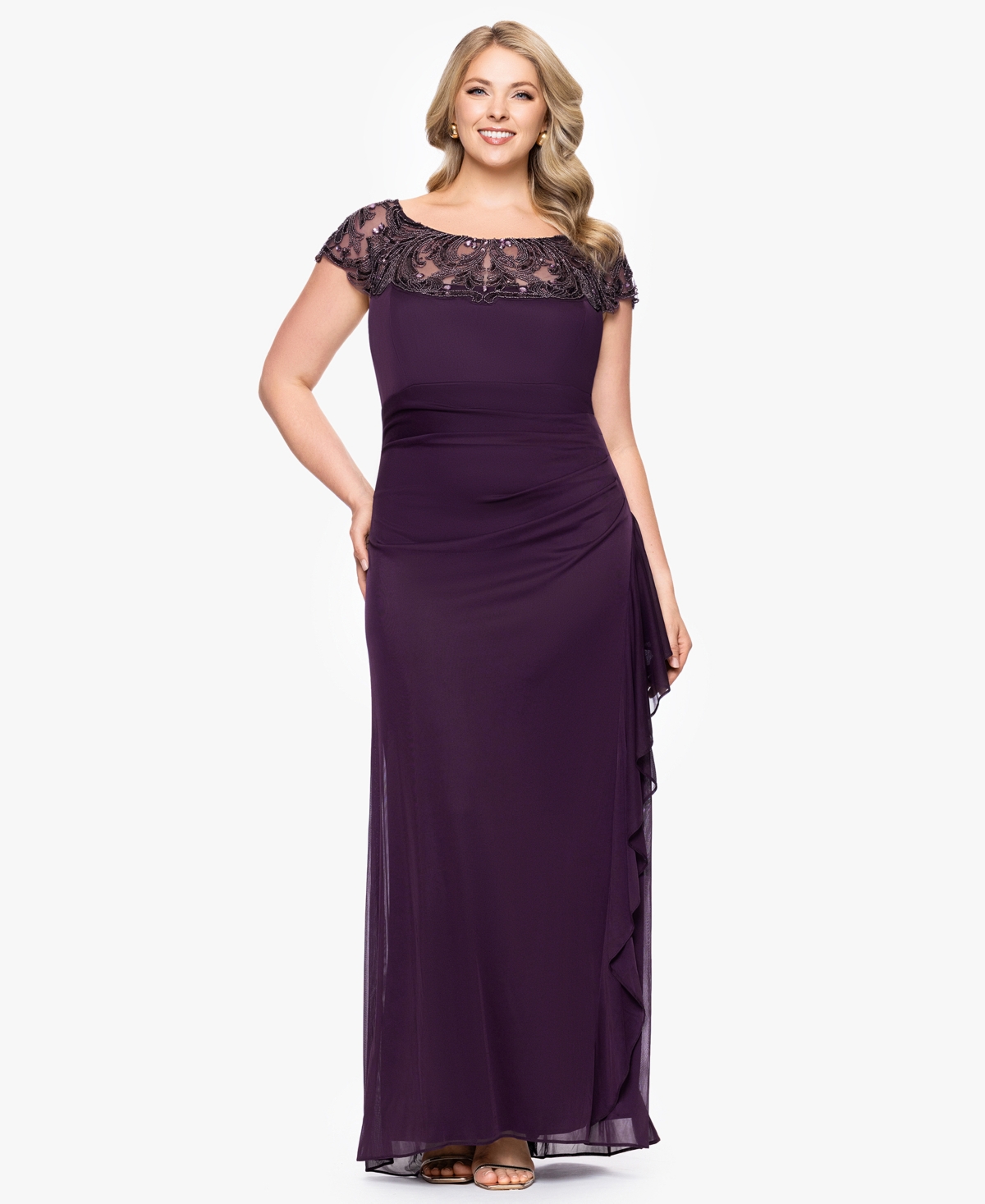 Click here for Xscape Plus-Size Beaded Boat Neck Mesh Gown - Plum prices