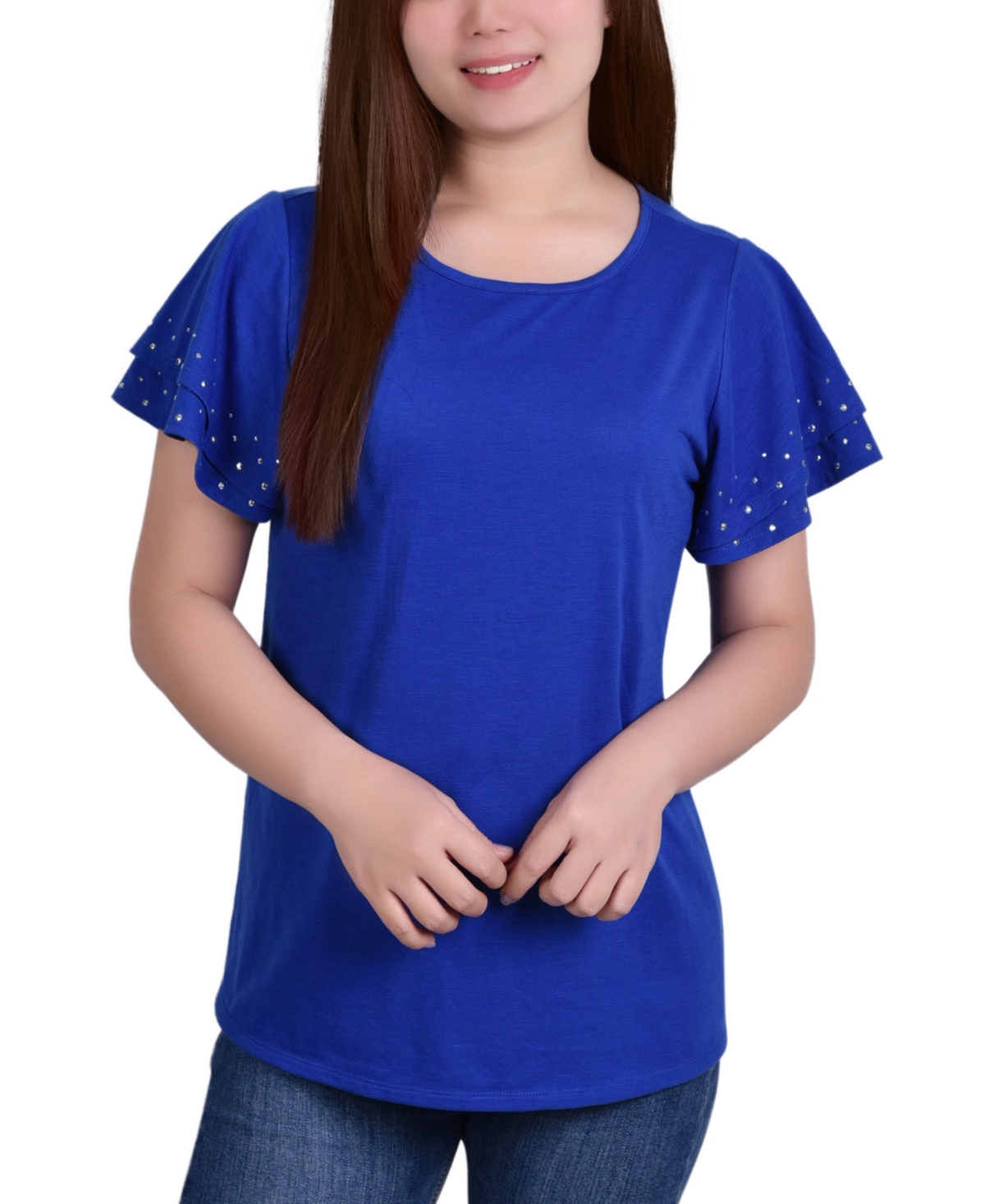 Click here for Ny Collection Petite Studded Short Sleeve Top - Su... prices