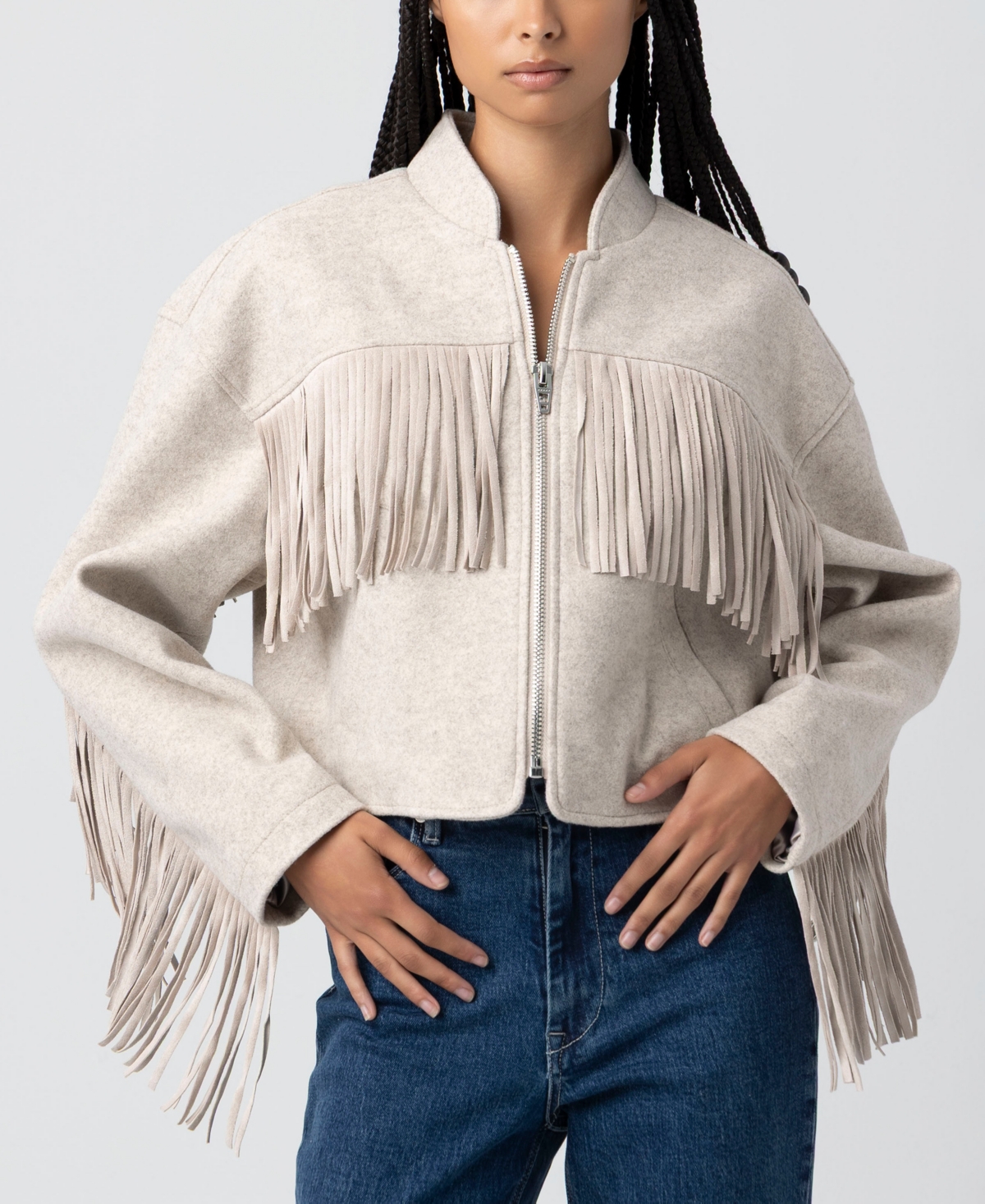 Click here for Blank Nyc Womens Fringe Bomber Jacket - Own It prices