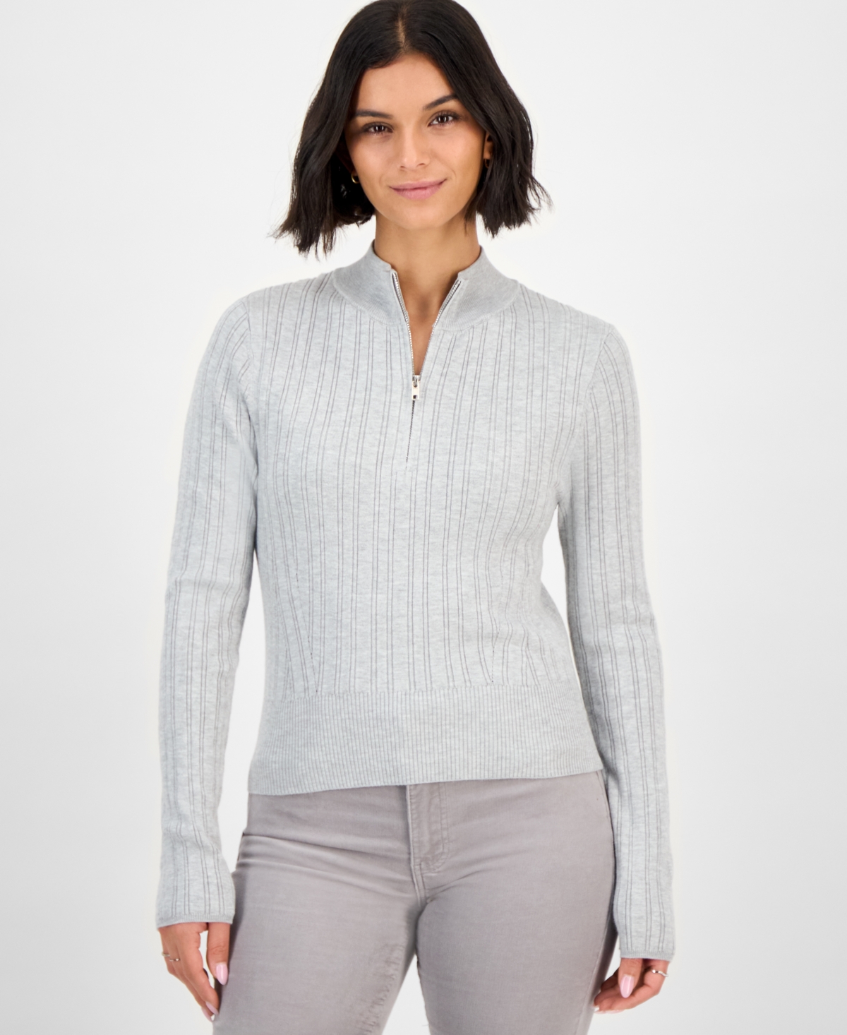 Hooked Up by Iot Juniors Variegated Rib-Knit Half-Zip Sweater - Lt Grey Heather