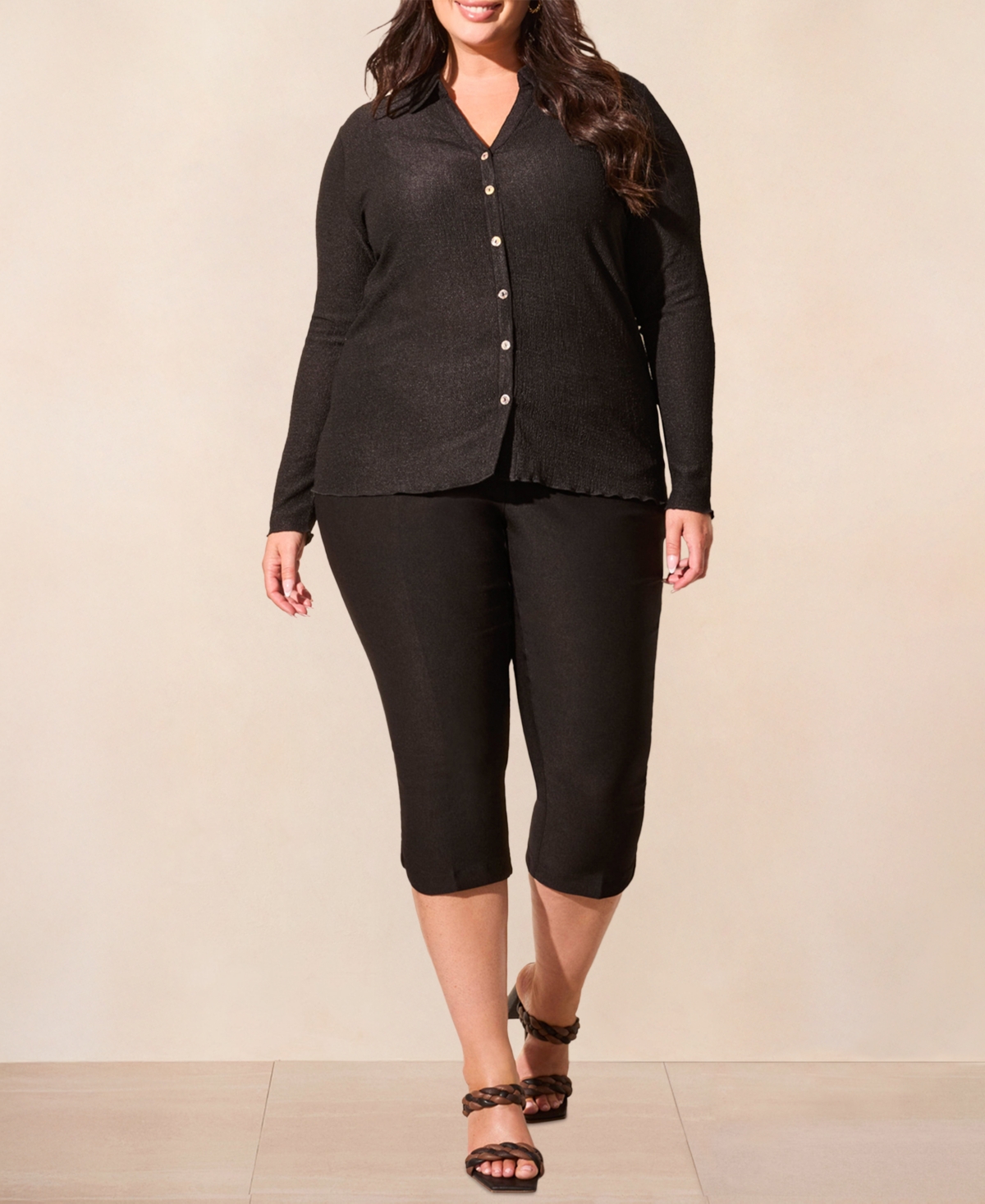 Click here for Tribal Plus Size Crinkle Knit Button-Front Loose S... prices