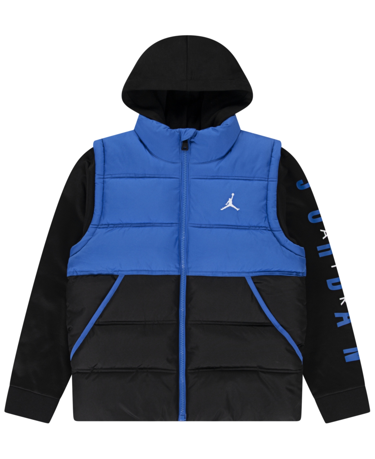 Click here for Jordan Boys 8-20 Layered Look Hooded Jacket - Blac... prices