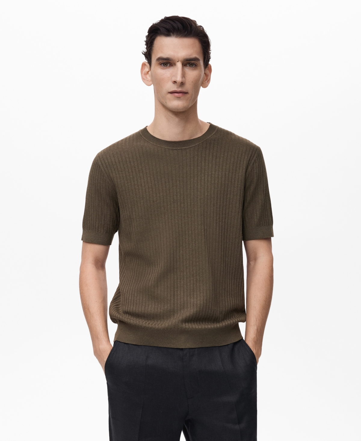Click here for Mango Mens Textured Striped T-Shirt - Brown prices