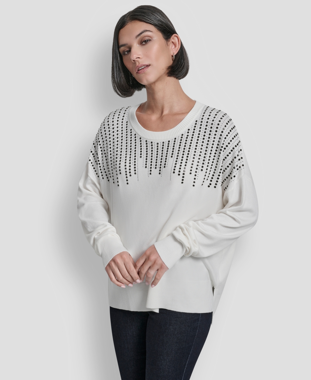 Click here for Dkny Womens Hotfix Fringe Long Sleeve Sweater - Iv... prices