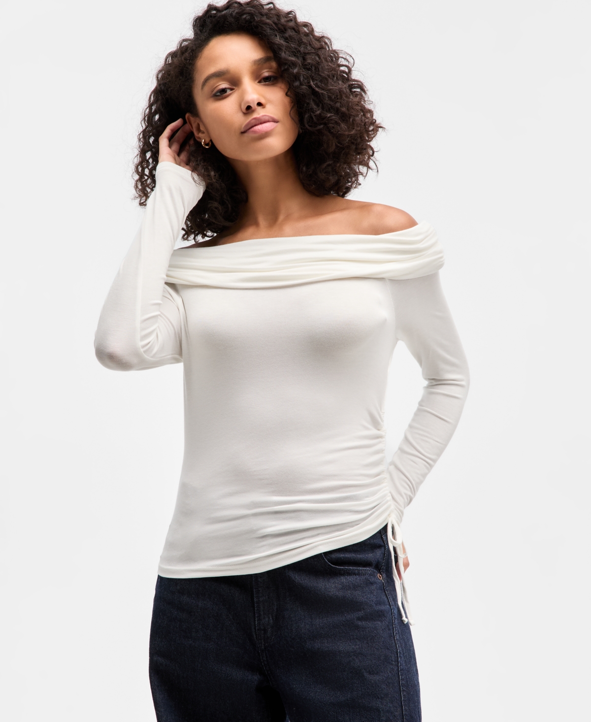 Click here for Ultra Flirt Juniors Off-The-Shoulder Ruched Top -... prices