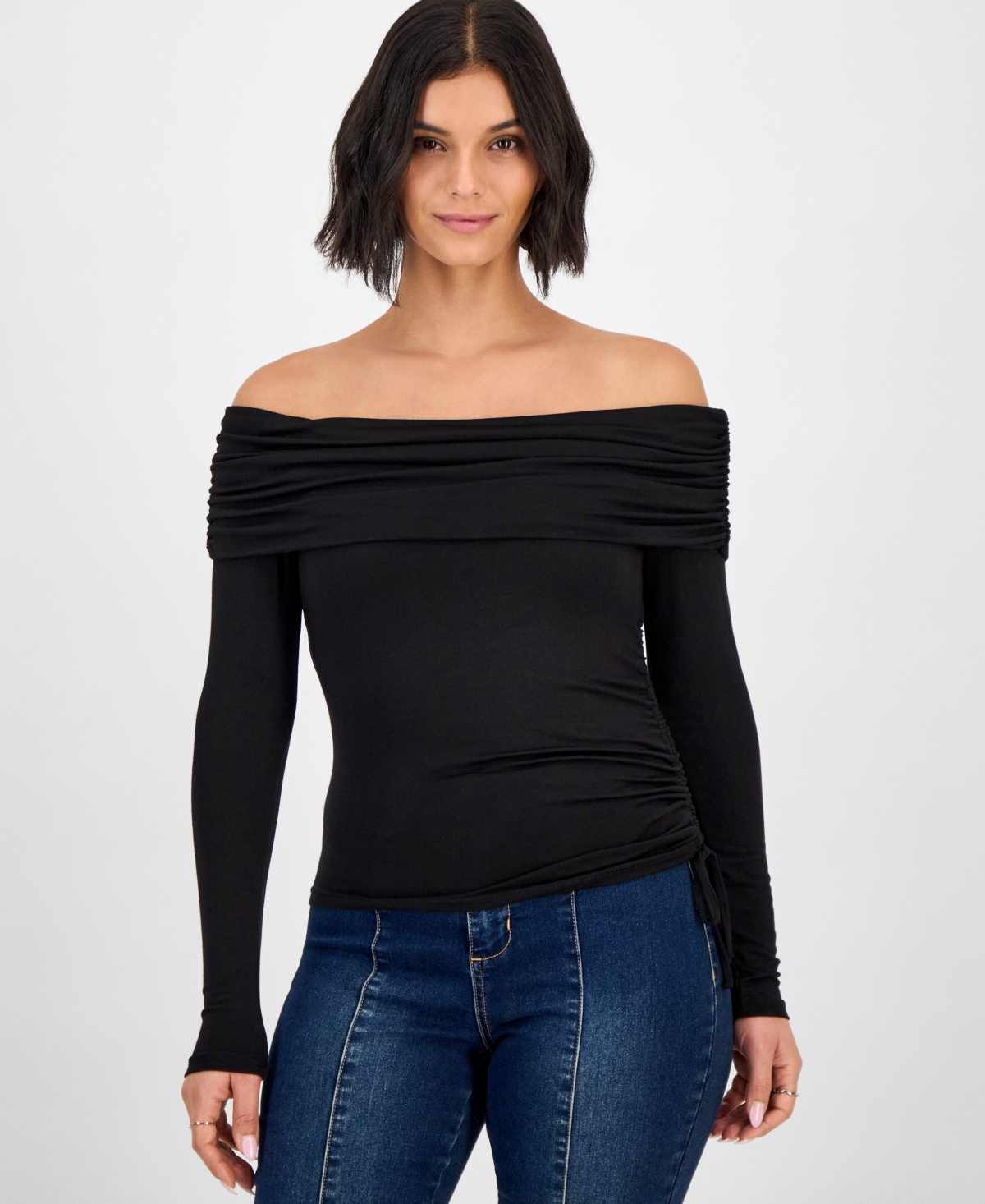 Click here for Ultra Flirt Juniors Off-The-Shoulder Ruched Top -... prices